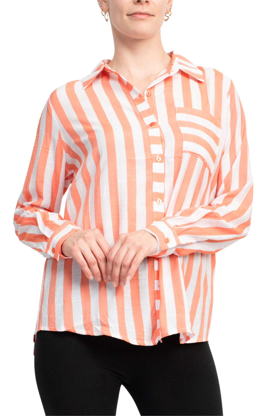 Notations Slubbed Woven Chest Pocket Shirt Color: CORAL WHITE, Size: S ...