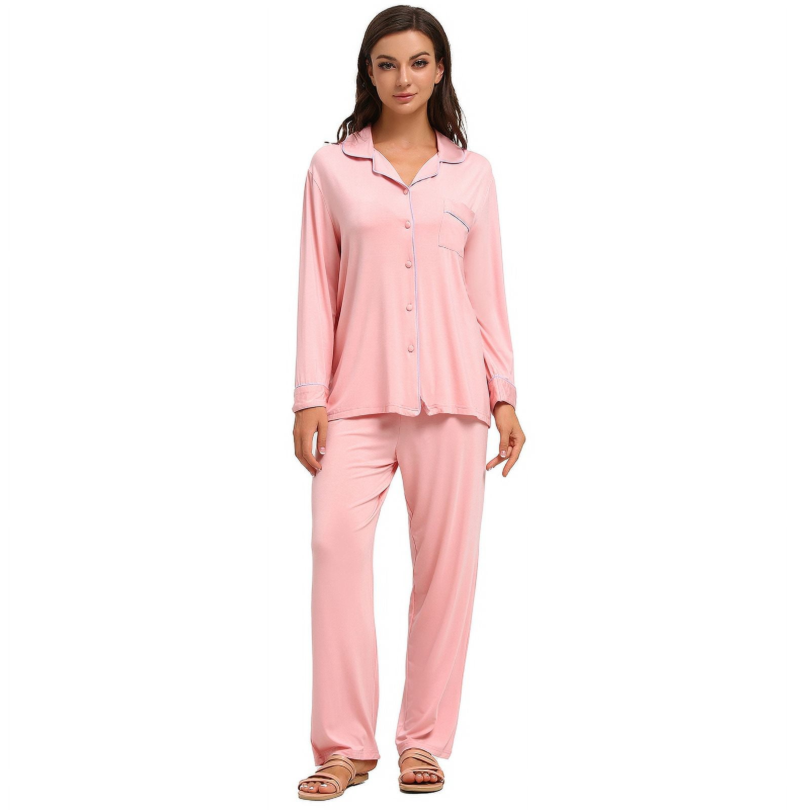 Notched Collar Pajamas Suit Women's Long Sleeve Sleepwear Long Pants ...