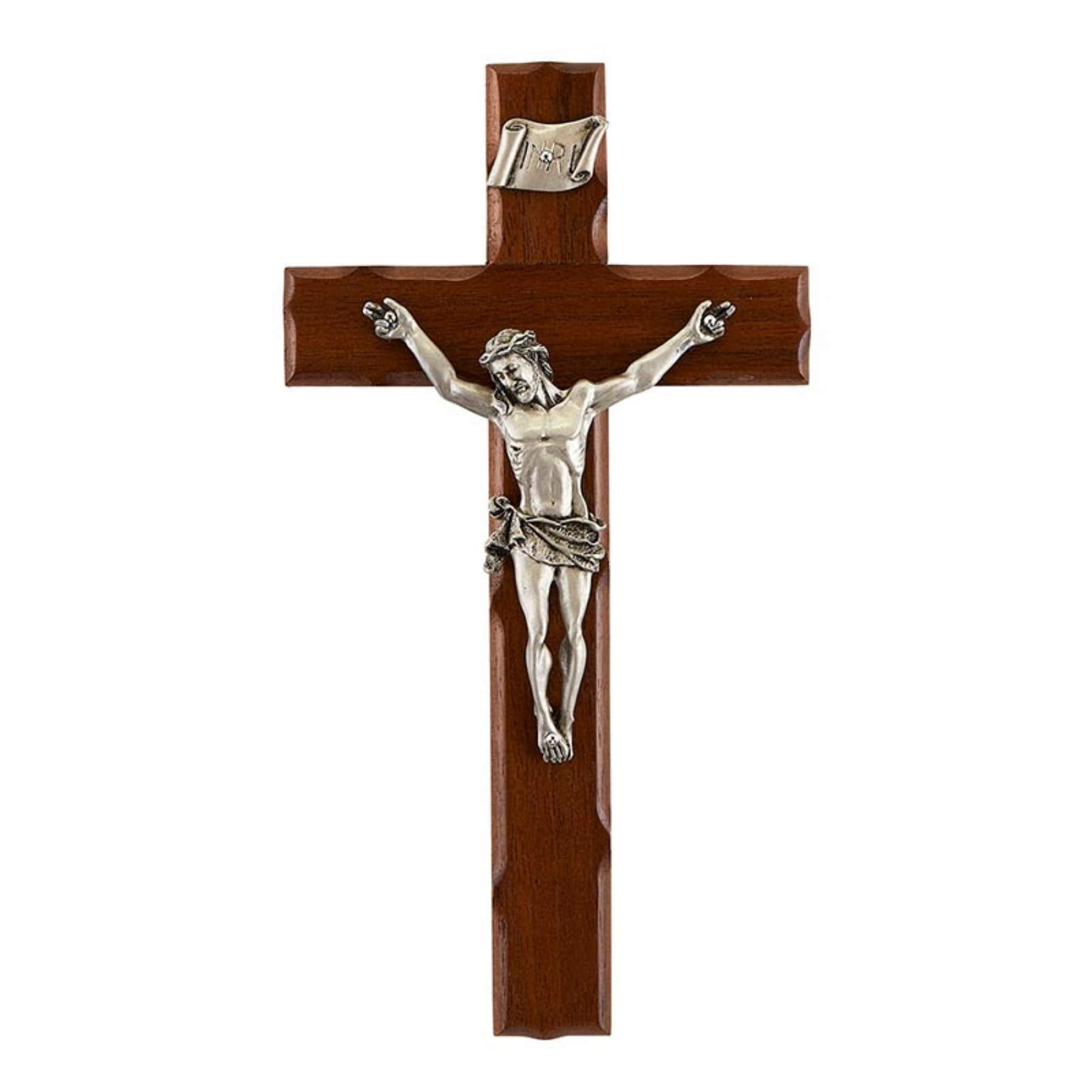 Notched Edge Walnut Wood Catholic Wall Cross Crucifix with Pewter Jesus ...