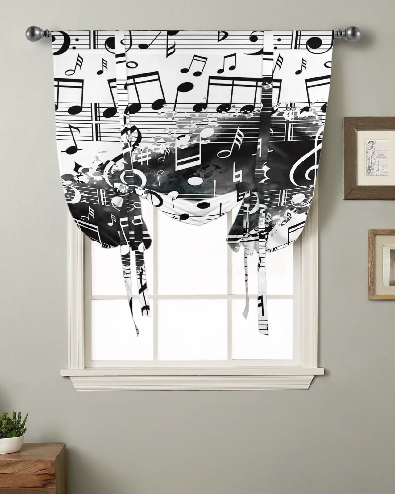 Note Music Black White Watercolor Splash Window Curtain for Living Room Roman Curtains for ...
