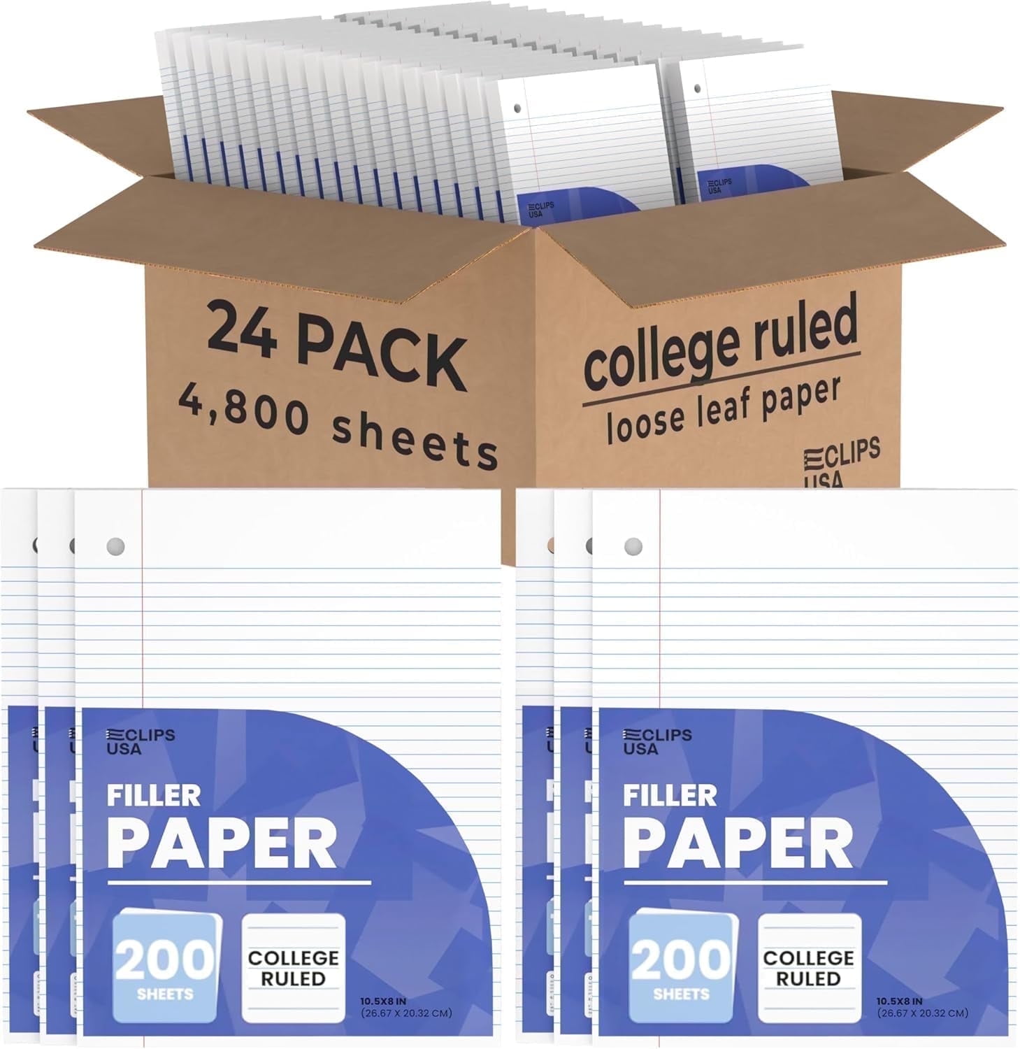 E-Clips USA 200-Sheet College Ruled Notebook Paper, 60 GSM Loose Leaf ...