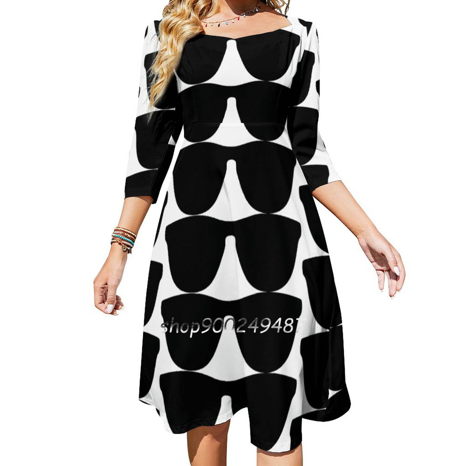 Notebook Paper Graphic-Wide Lines Flare Dress Square Neck Dress Elegant ...
