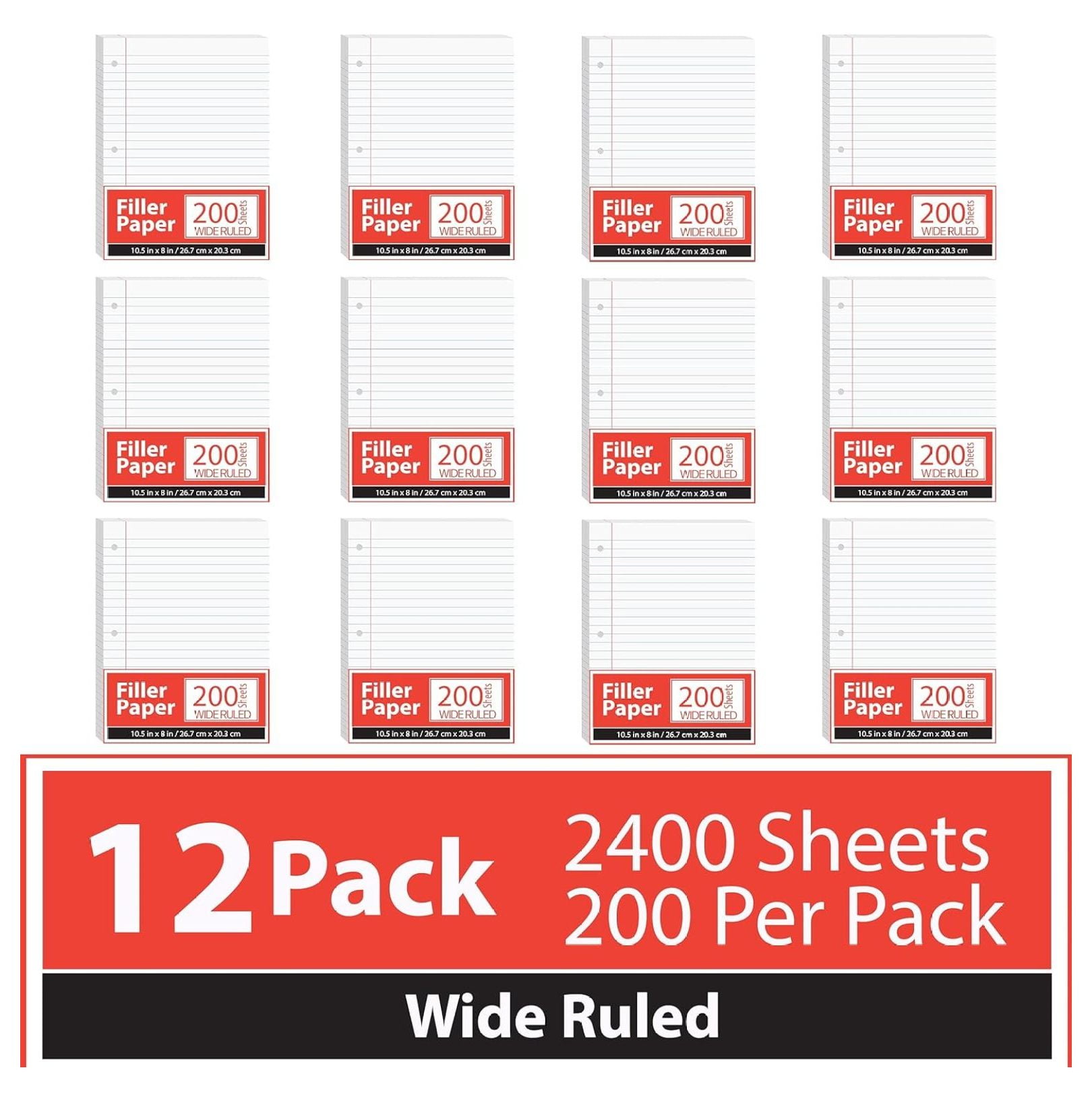 Notebook Paper, Loose Leaf Paper (12 Pack), Wide Ruled Paper, 10.5” x 8 ...