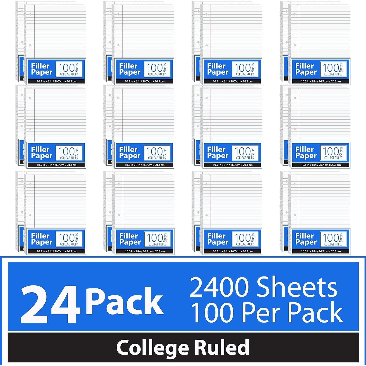 Notebook Paper, Loose Leaf Paper (24 Pack), College Ruled Paper, 10.5” x 8”, Filler Paper, 100 ...