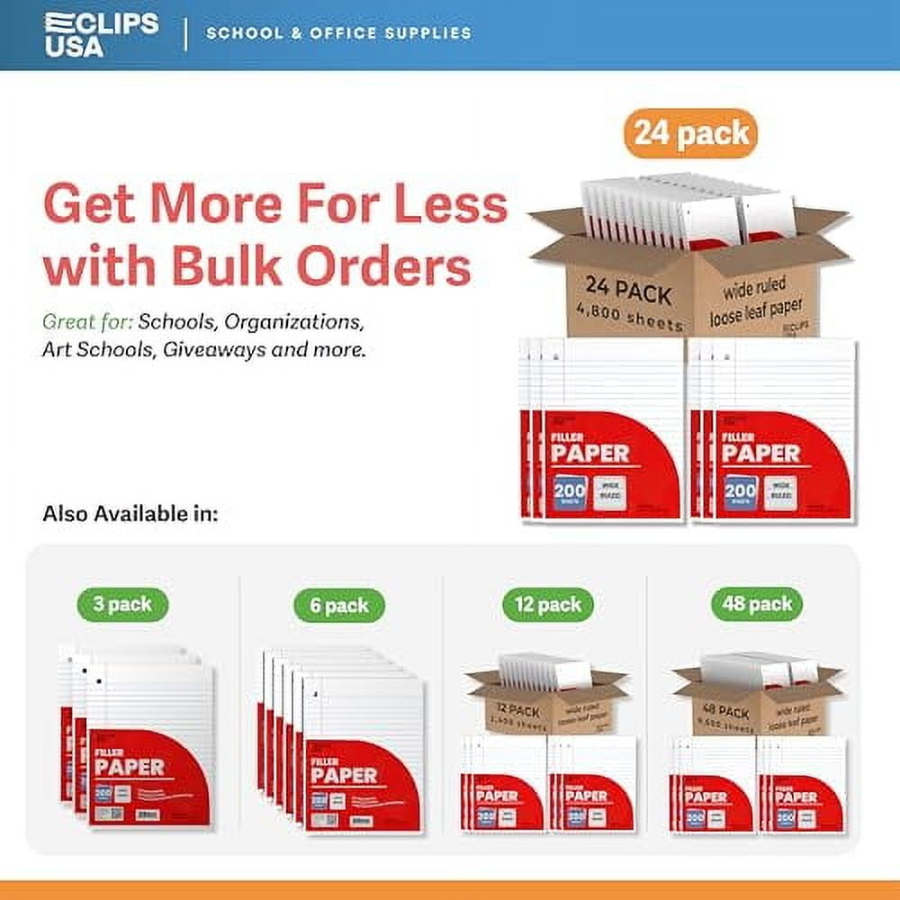 Notebook Paper, Loose Leaf Paper (24 Pack), Wide Ruled Paper, 10.5” x 8 ...