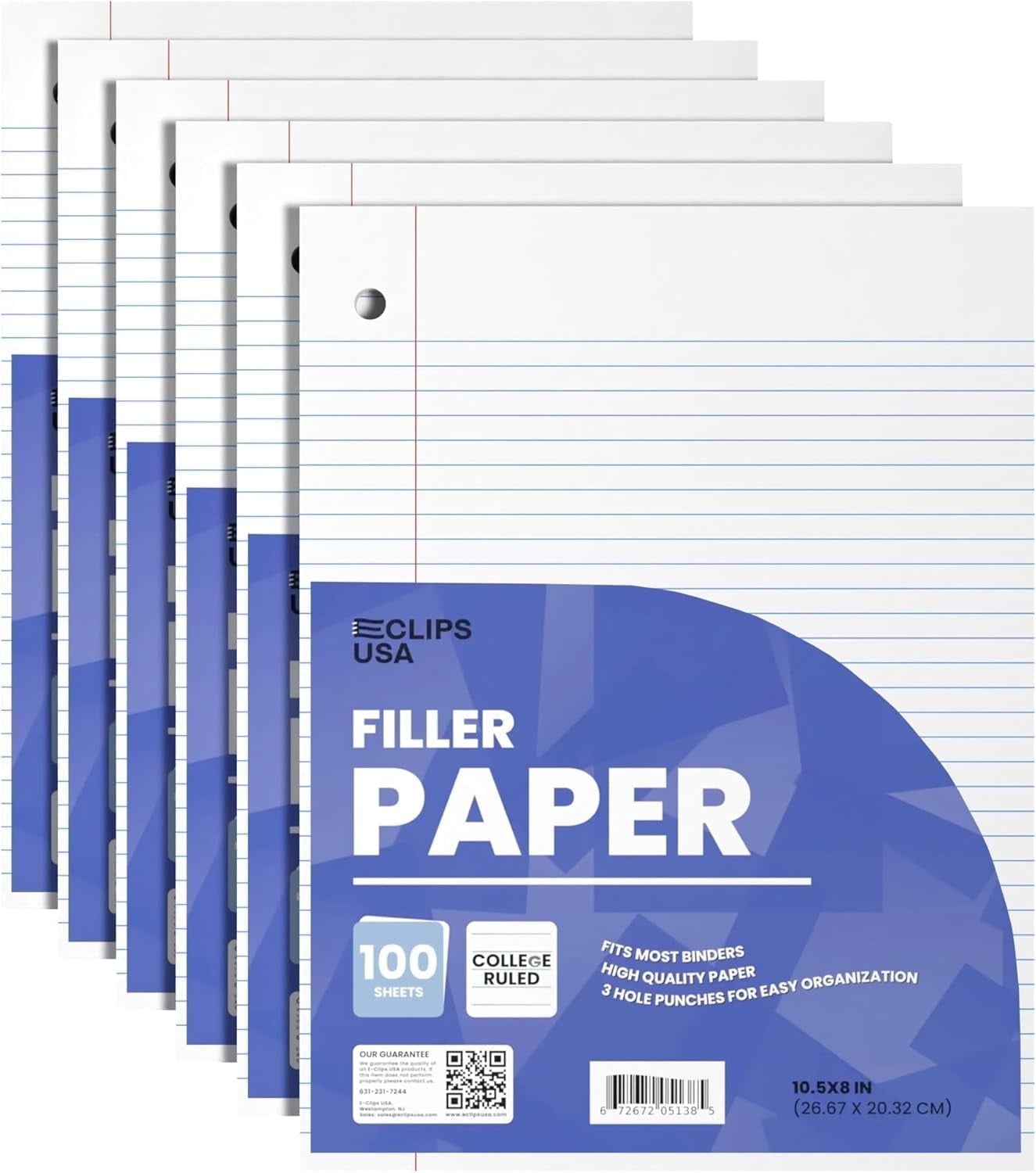 E-Clips USA 100-Sheet Notebook Paper, College-Ruled Loose Leaf Paper, 6-Pack - Walmart.com