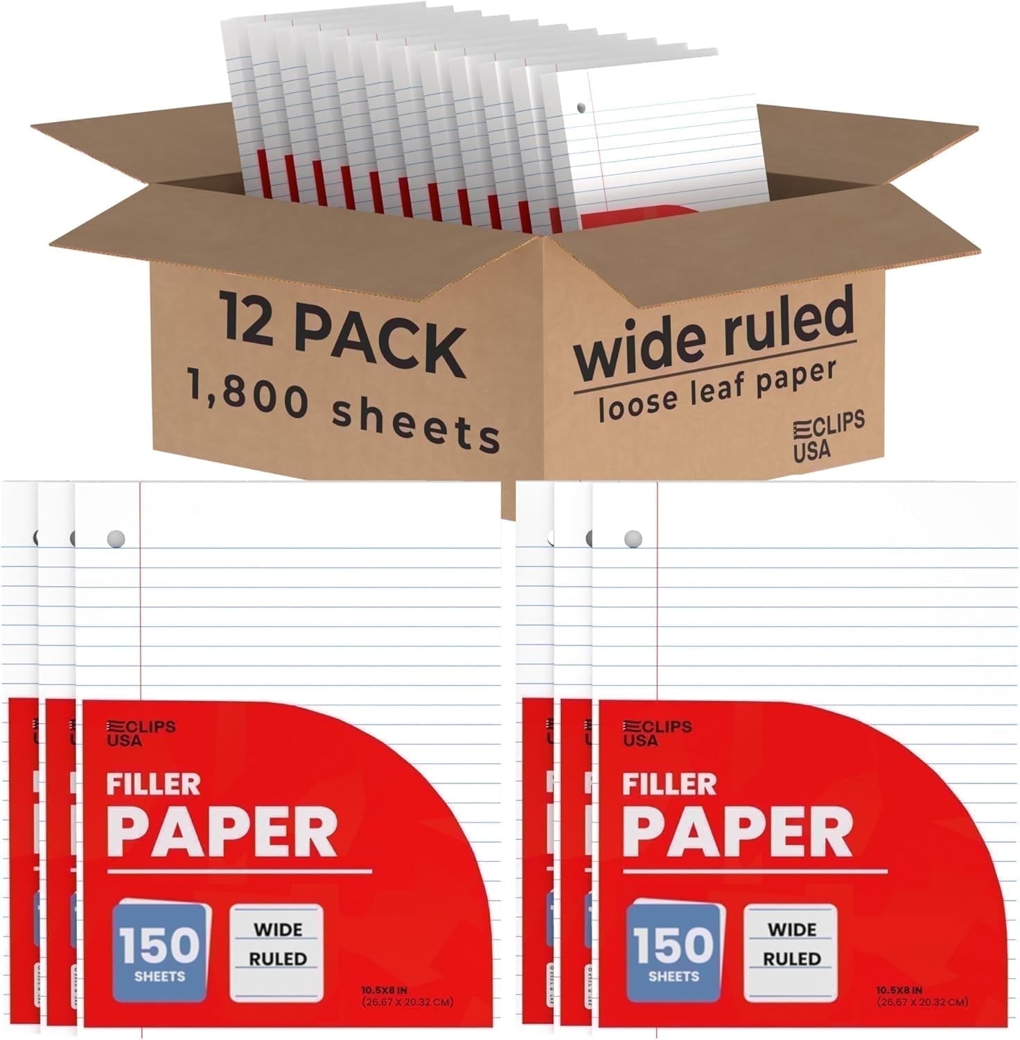E-Clips USA Wide Ruled Notebook Paper, Loose Leaf Paper Sheets, 10.5” x ...