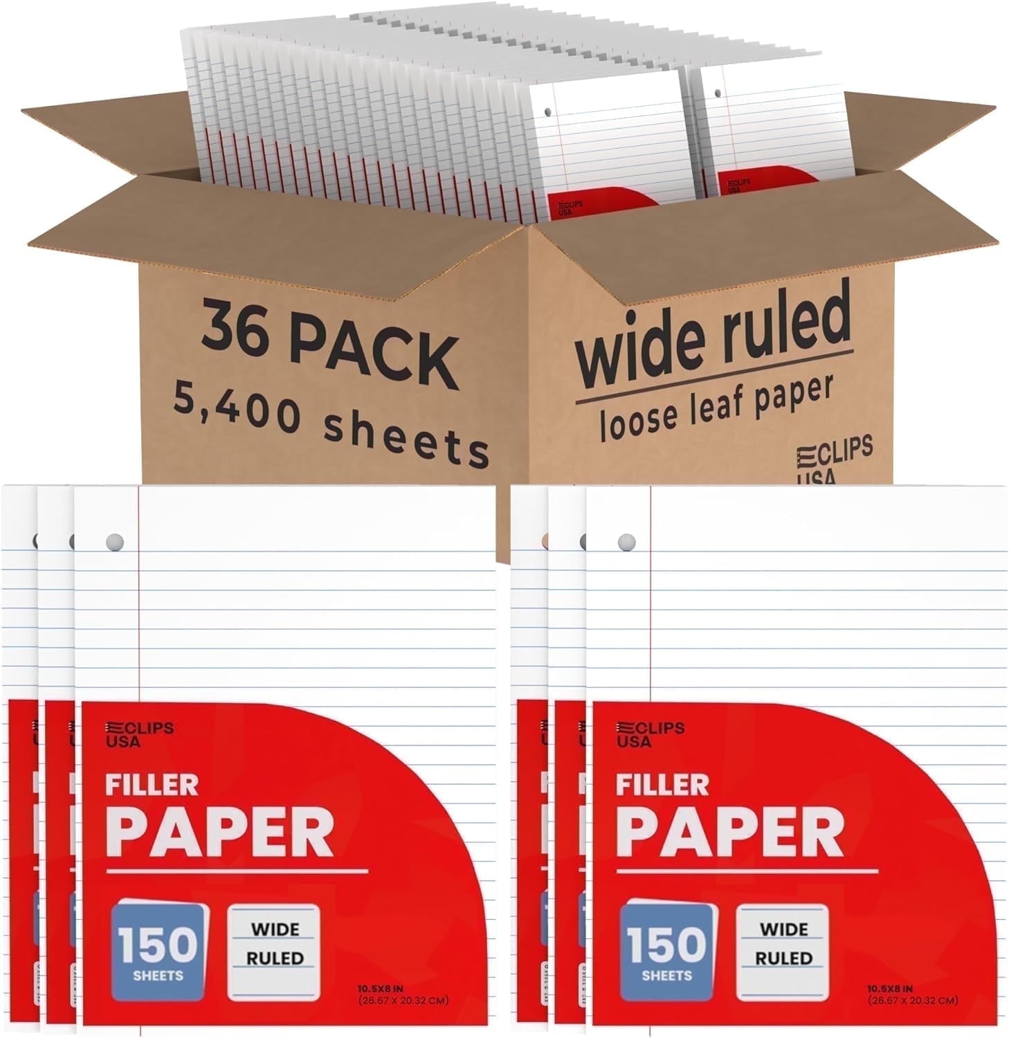 E-Clips USA Wide Ruled Notebook Paper, Loose Leaf Paper Sheets, 10.5” x ...