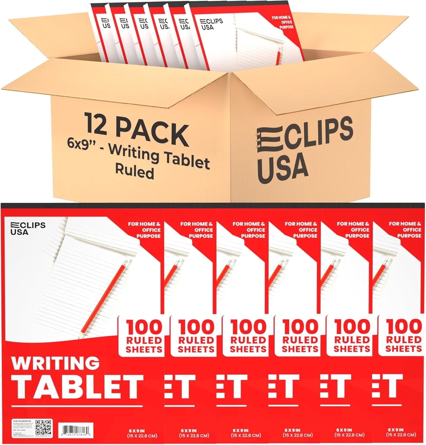 E-CLIPS USA Ruled Writing Tablet Small Note Pads, 9” x 6”, 100-Sheet ...