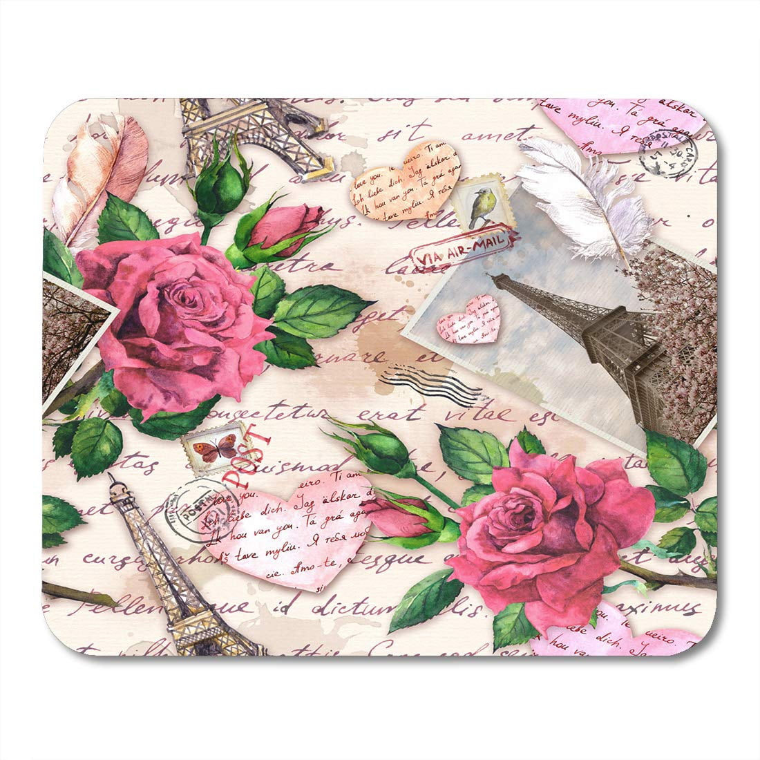 Notes Hearts Vintage of Eiffel Tower Red Rose Flowers Postal Stamps ...