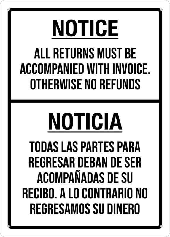 Notice All Returns Must Be Accompanied With Invoice Portrait Bilingual ...