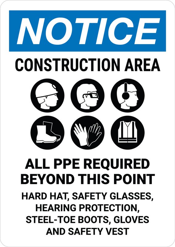 Notice Construction Area All Ppe Required Beyond This Point With Icons ...