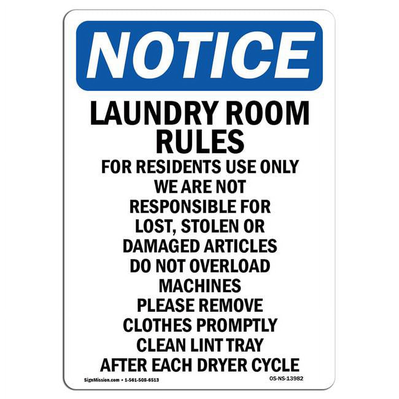 Notice Laundry Room Rules for Residents OSHA Decal Sign - Walmart.com