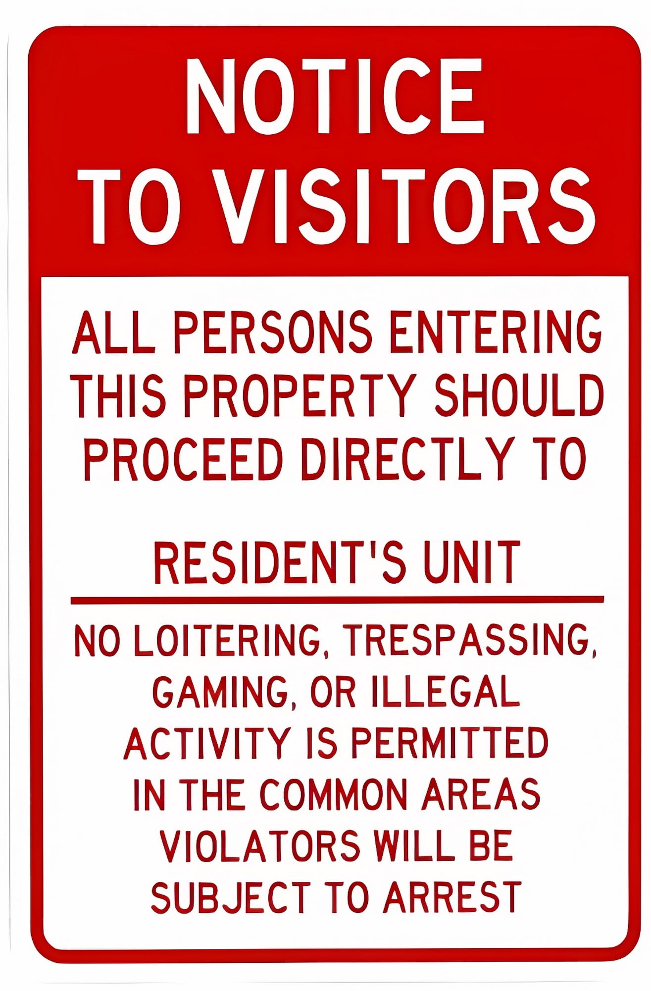 Notice To Visitors Resident's Unit Warning Sign - 8"x12", Private ...