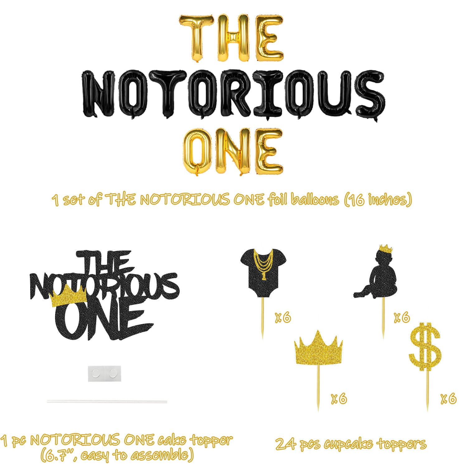 The Notorious One AJH3 Birthday Decorations Kit The Notorious One Cake Topper Gold Chain Balloon ...