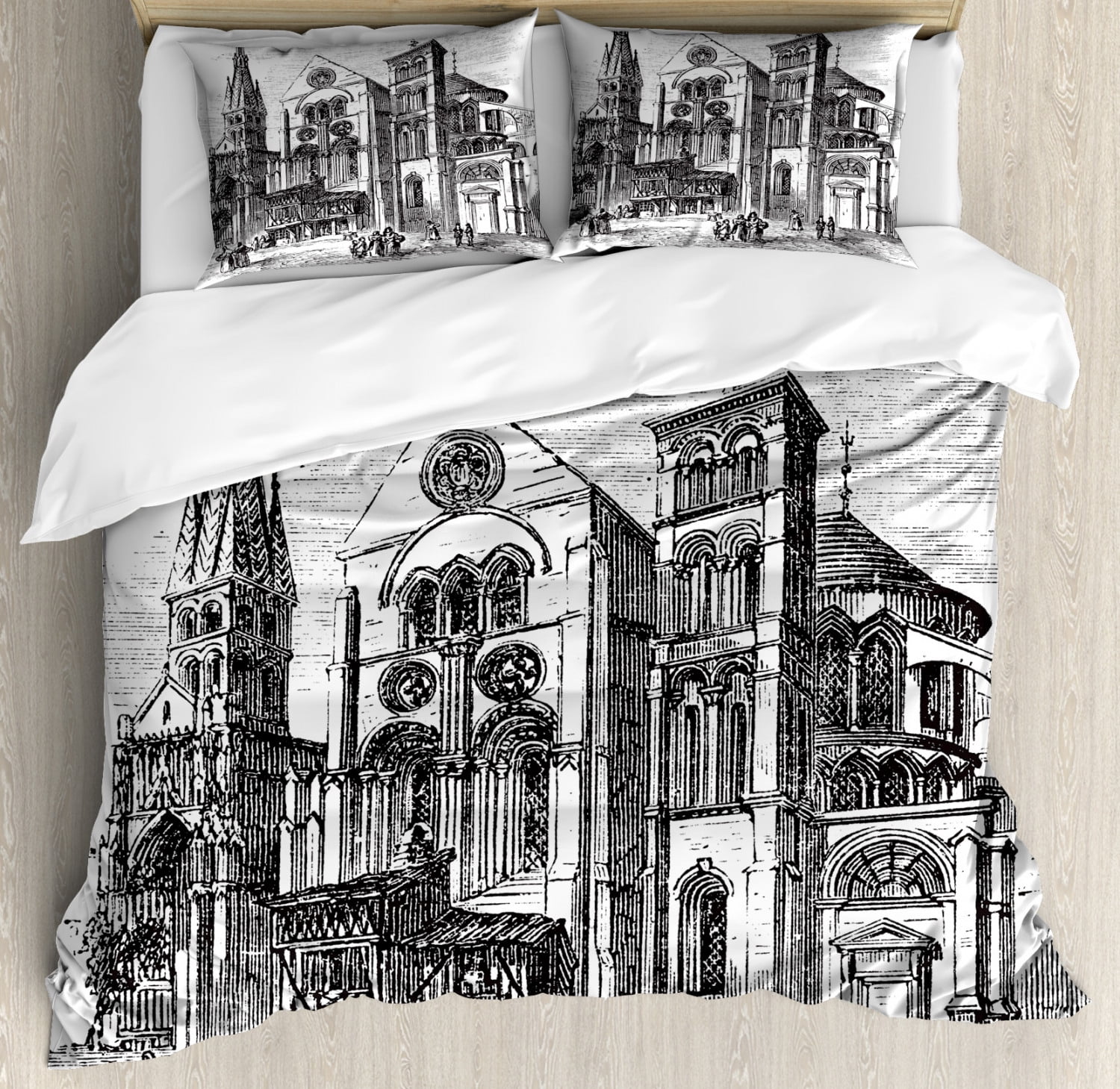 Notre Dame Duvet Cover Set Queen Size, Old Engraved Art Drawing ...