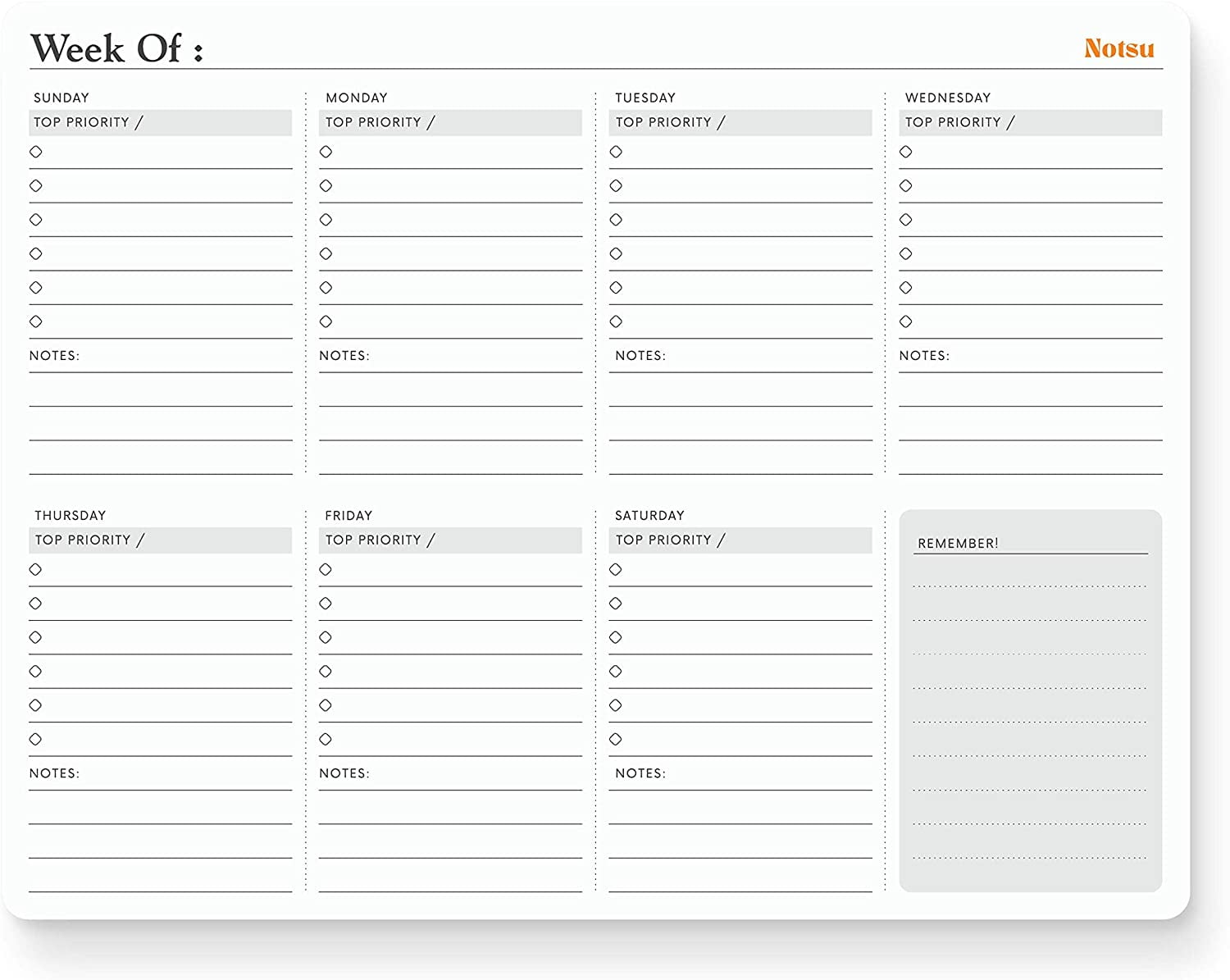 Notsu Weekly Planning Pad | Undated 50 8.5-inch by 11-inch Pages ...