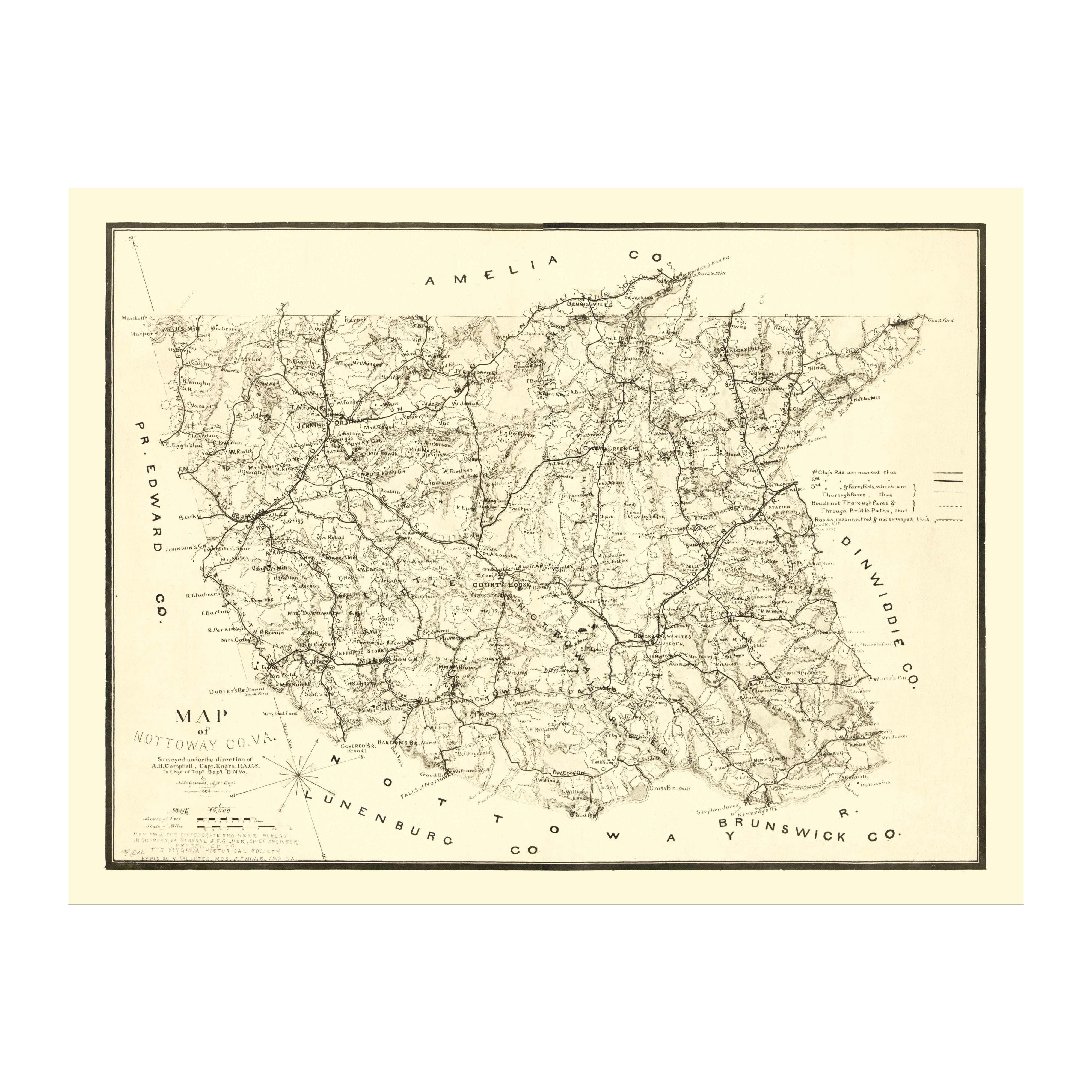 Nottoway County Virginia Art, 1864 Vintage Map of Nottoway County VA ...