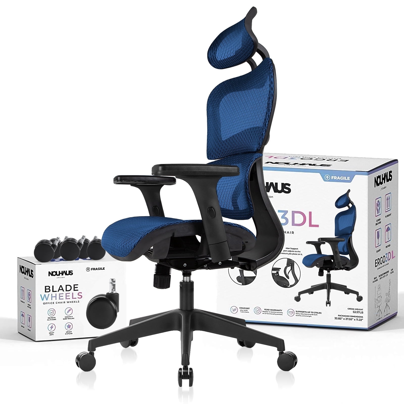 NOUHAUS Ergo3DL Ergonomic High-Back Mesh Office Chair with Adjustable ...
