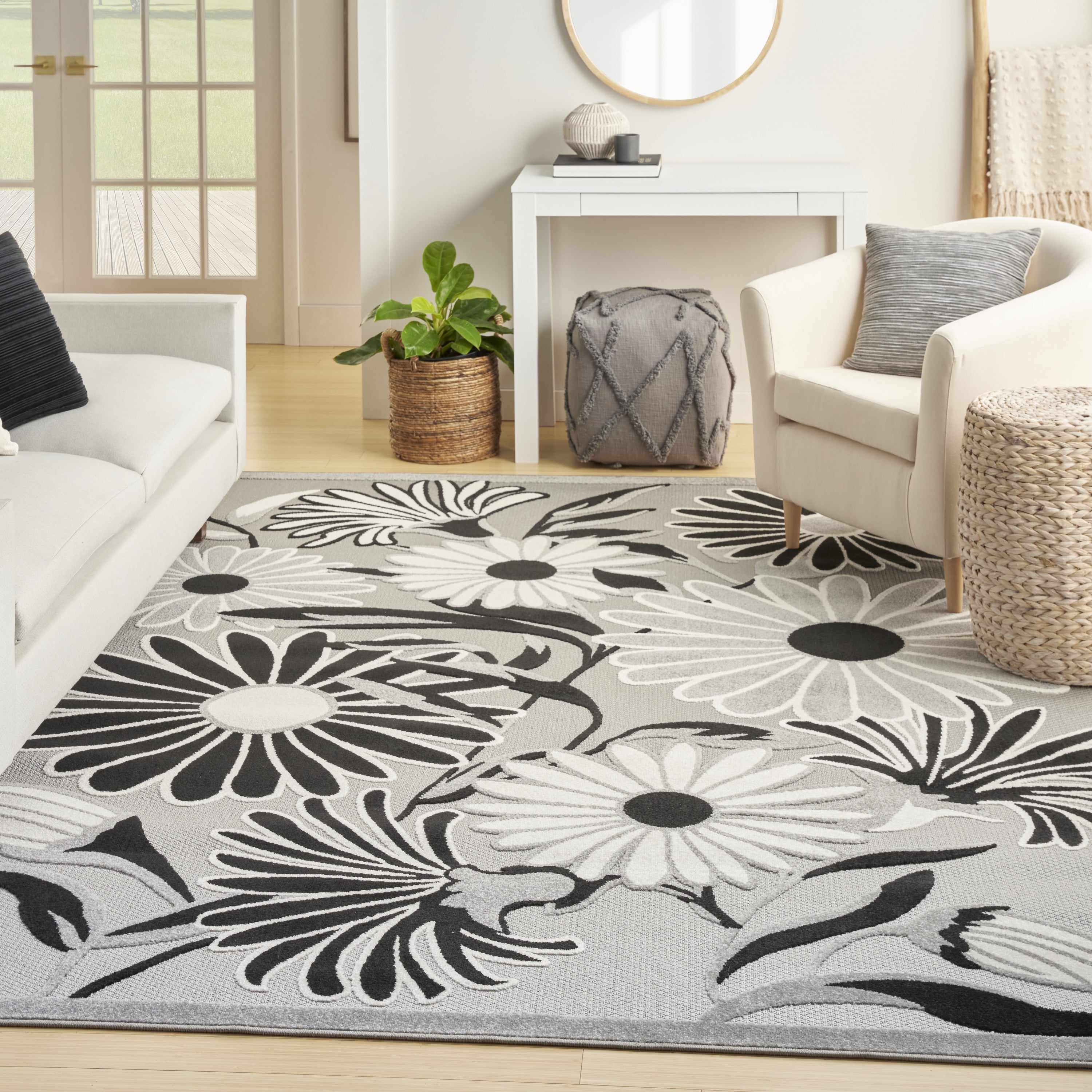 Nourison Aloha Indoor/Outdoor Black White 7'10" x 10'6" Area Rug, (8x11 ...