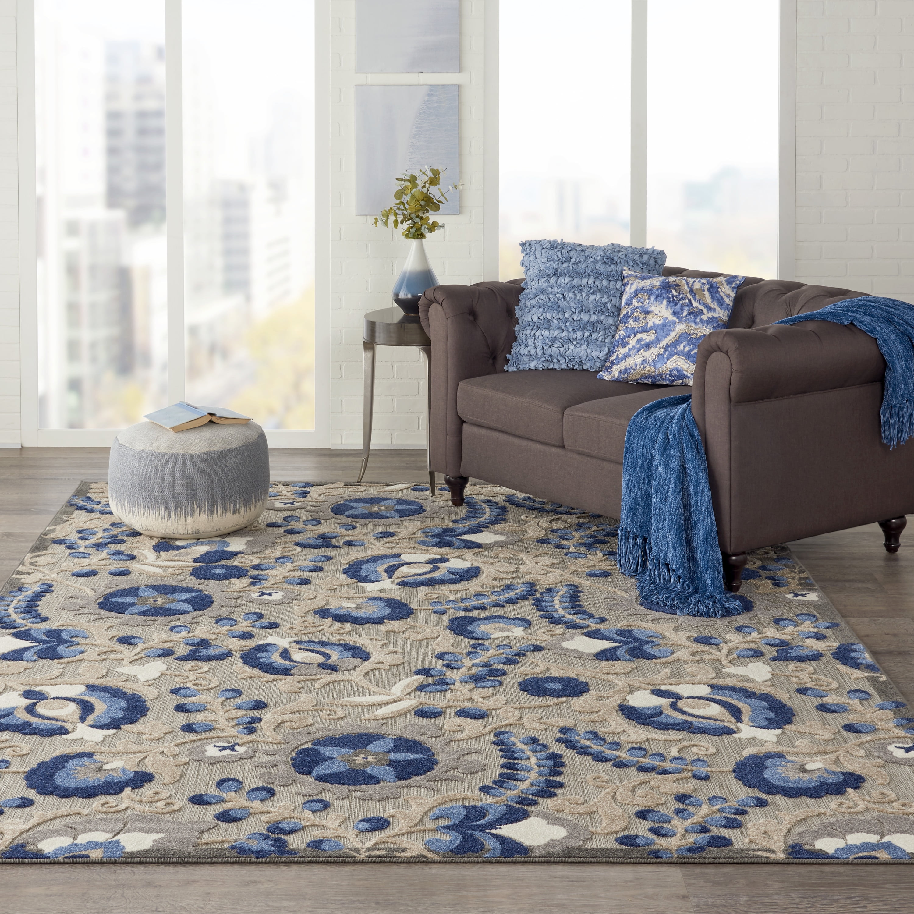 Nourison Aloha Indoor/Outdoor Natural/Blue 7' x 10' Area Rug, (7x10 ...