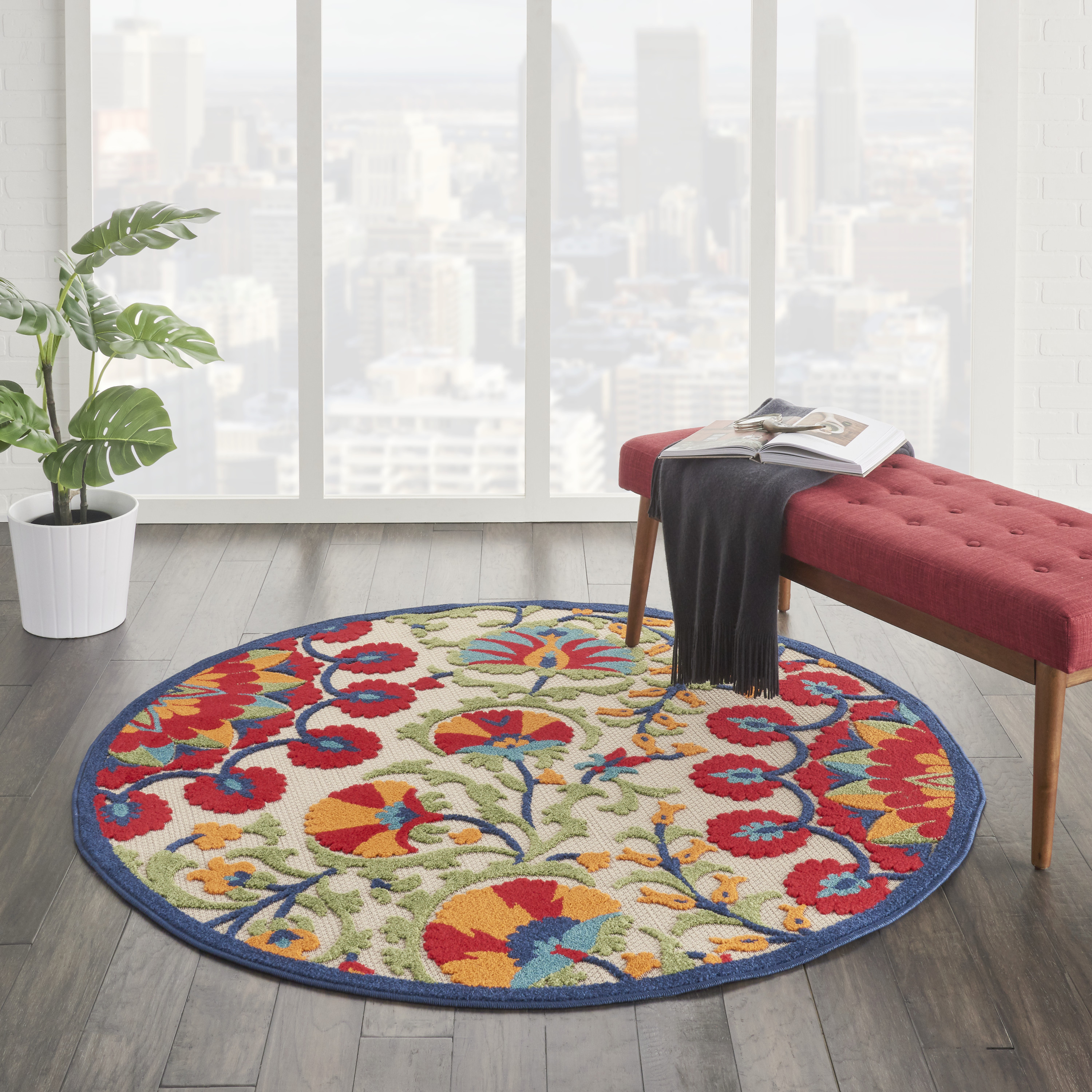 Nourison Aloha Indoor/Outdoor Blue/Grey 4' x ROUND Area Rug, (4x Round ...