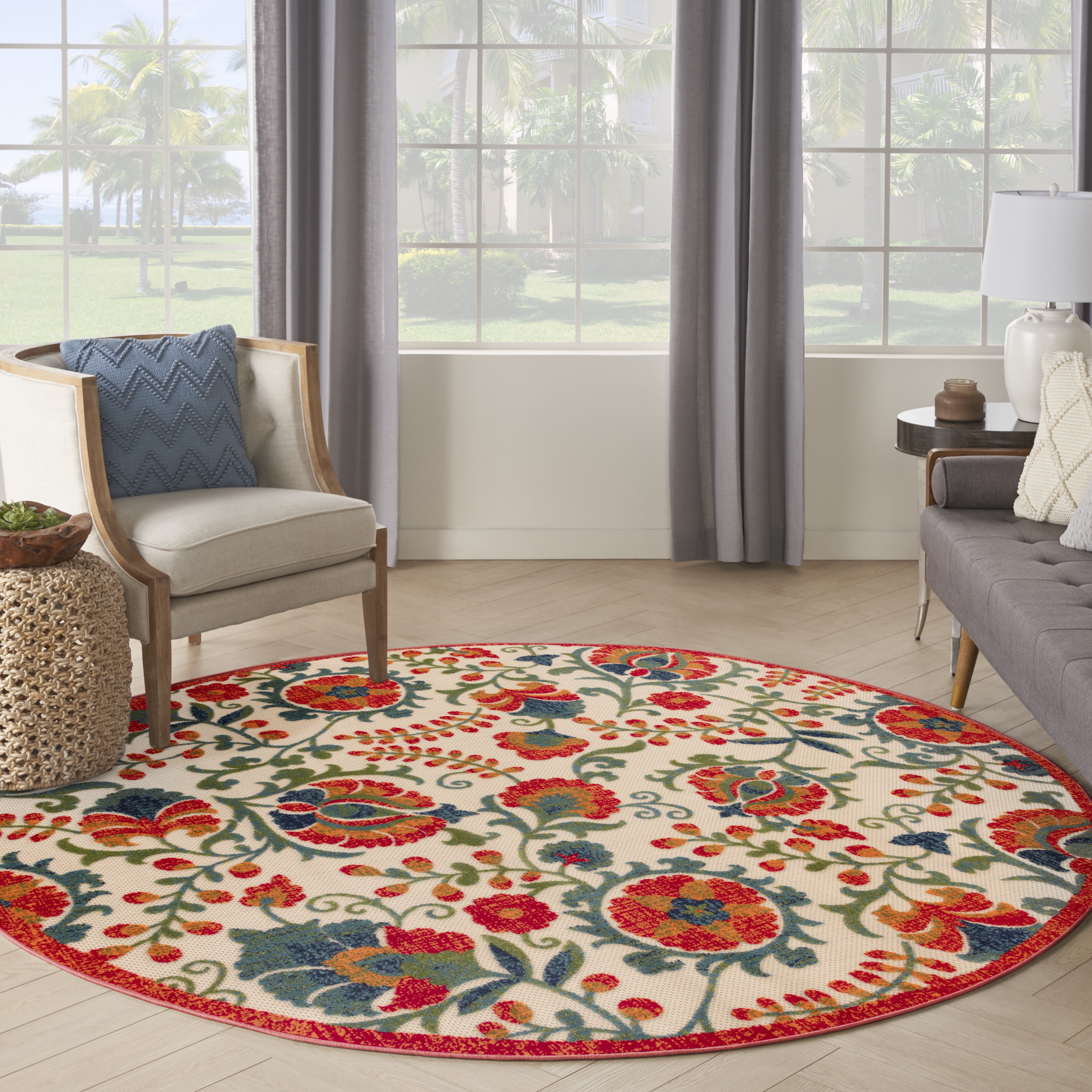 Nourison Aloha Indoor/Outdoor Red Multicolor 5'3" x Round Area Rug (5 ...