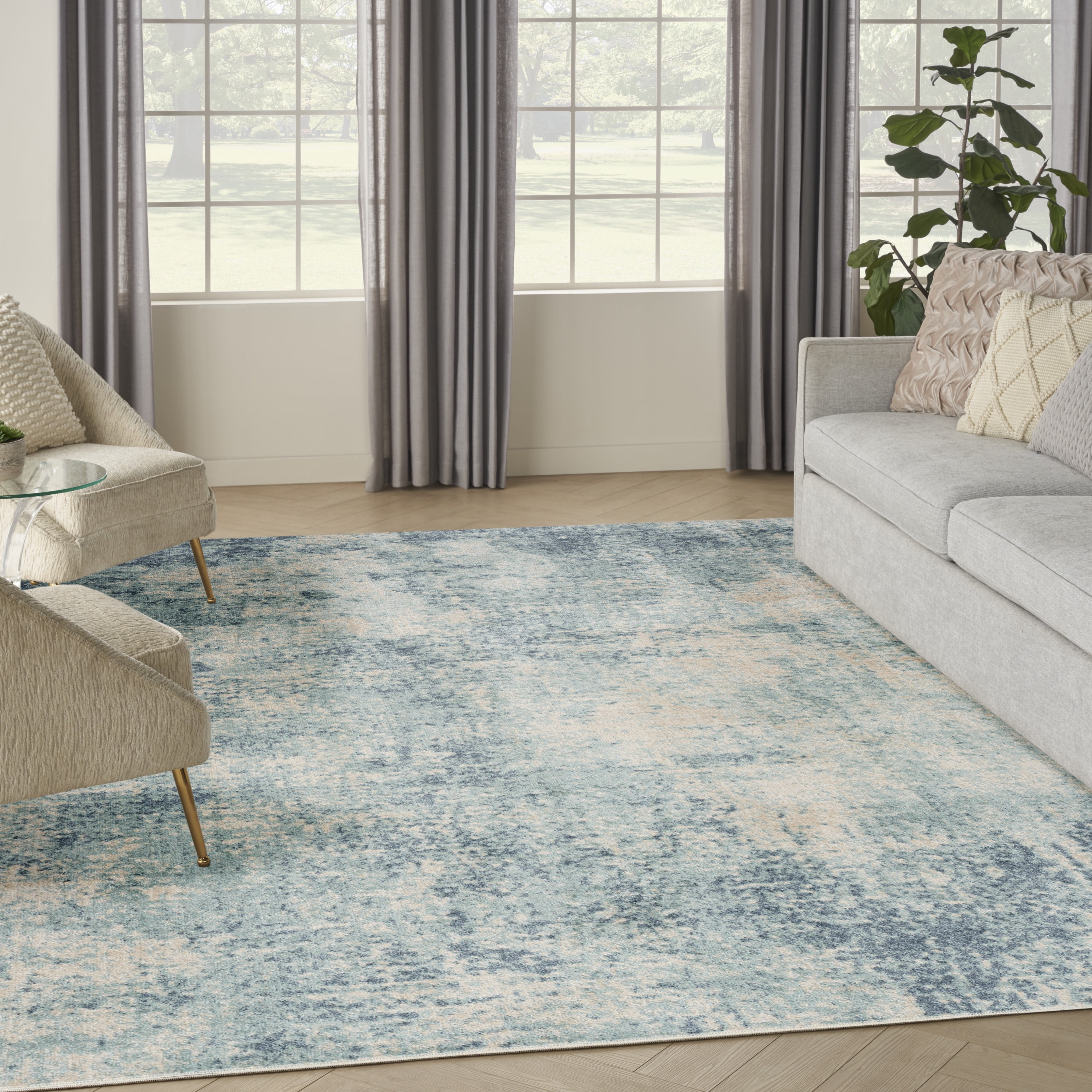 Nourison Astra Machine Washable Abstract Blue Ivory 6'7" x 9' Area Rug ...