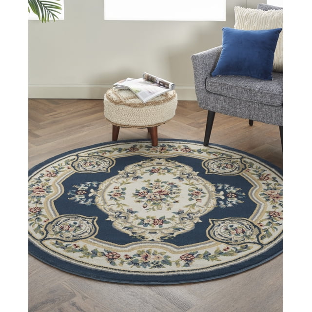 Nourison Aubusson Farmhouse & Country Navy 5'3" x round Area Rug, (5 ...