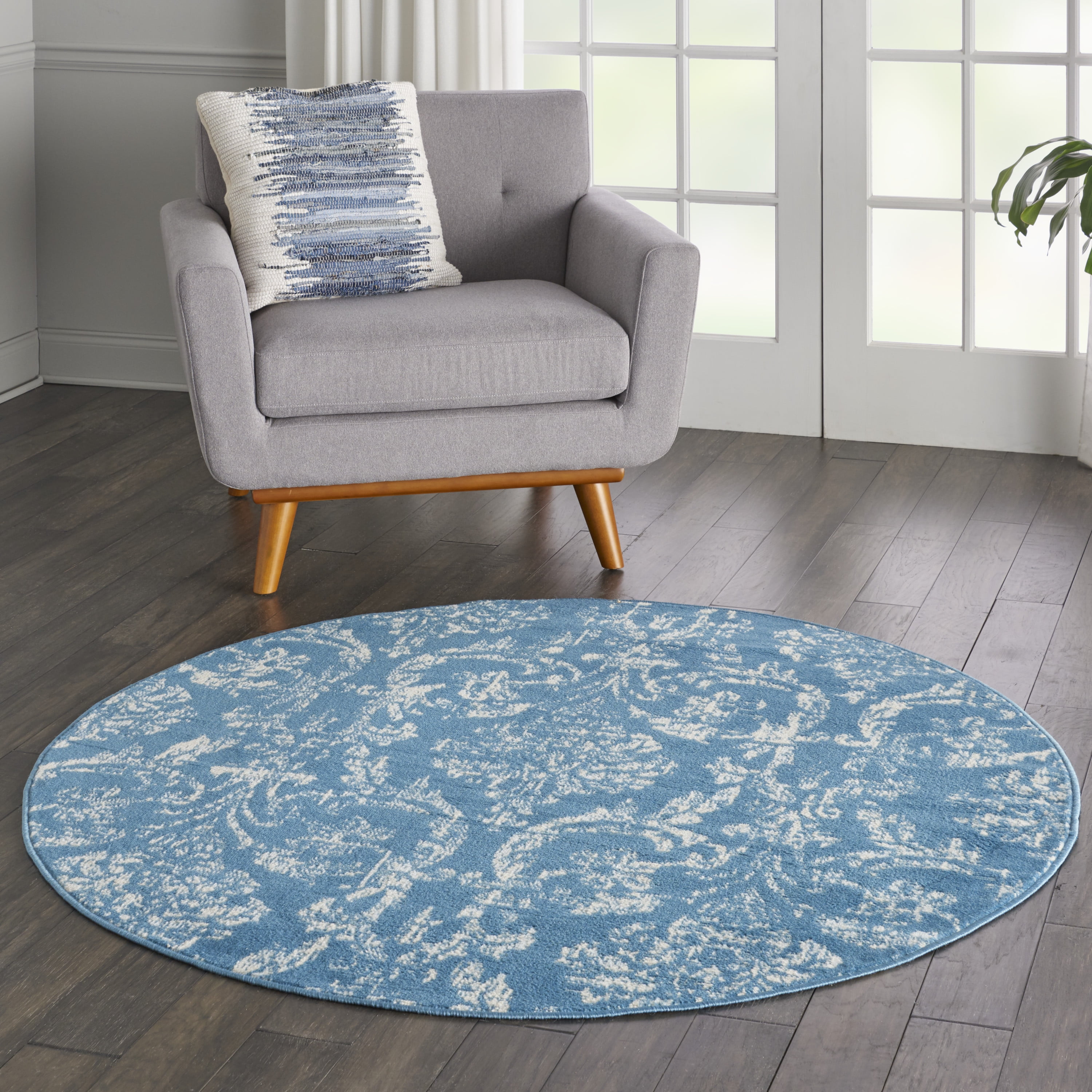 Nourison Vintage Farmhouse Blue Round Area Rug - Damask Design ...