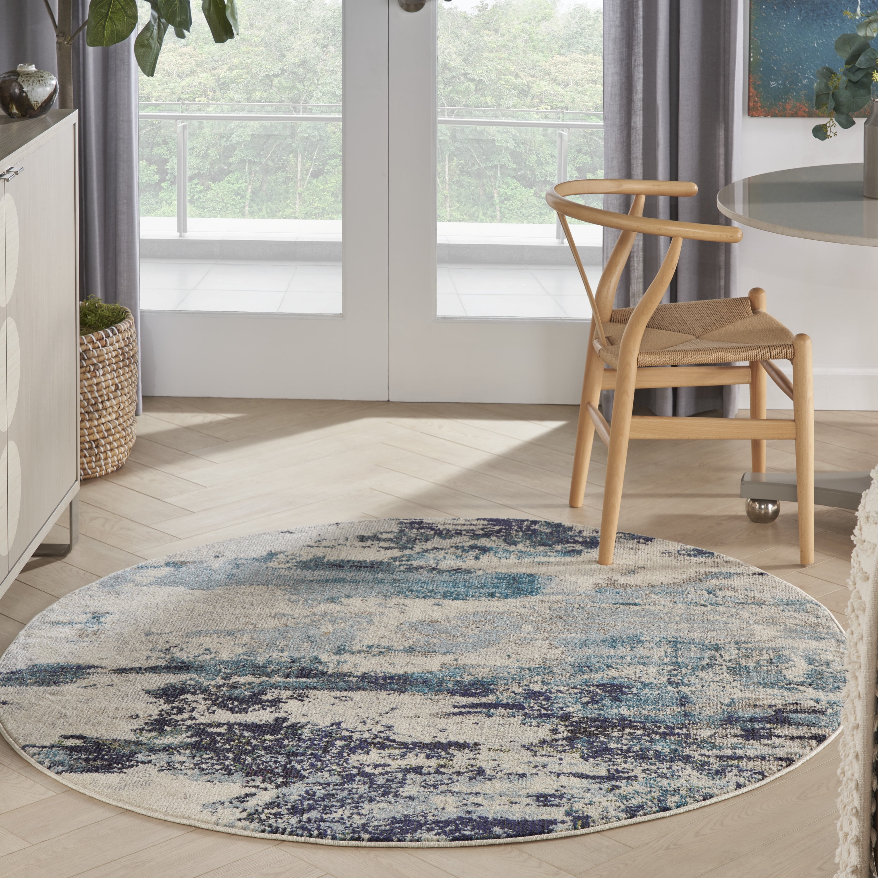 Nourison Celestial Abstract Ivory/Teal Blue 5'3" x round Area Rug, (5 ...