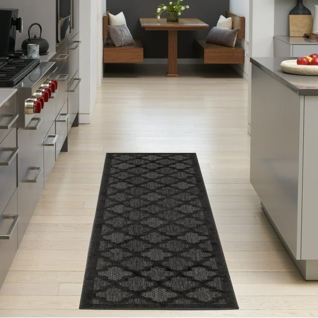 Nourison Easy Care Indoor/Outdoor Charcoal Black 2' x 6' Area Rug (2x6 ...