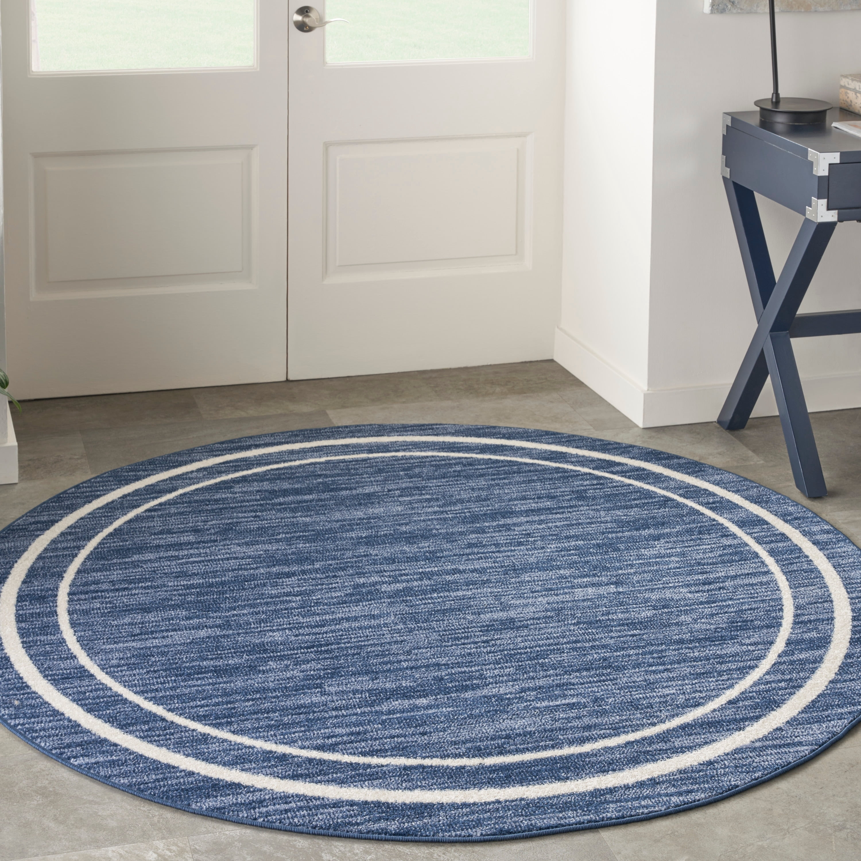 Nourison Essentials Indoor/Outdoor Navy/Ivory Area Rug, 8' Round, Low ...