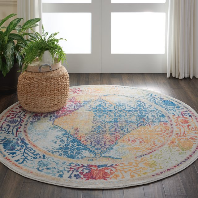 Nourison Global Vintage Distressed Ivory/Multicolor 4' x ROUND Area Rug ...