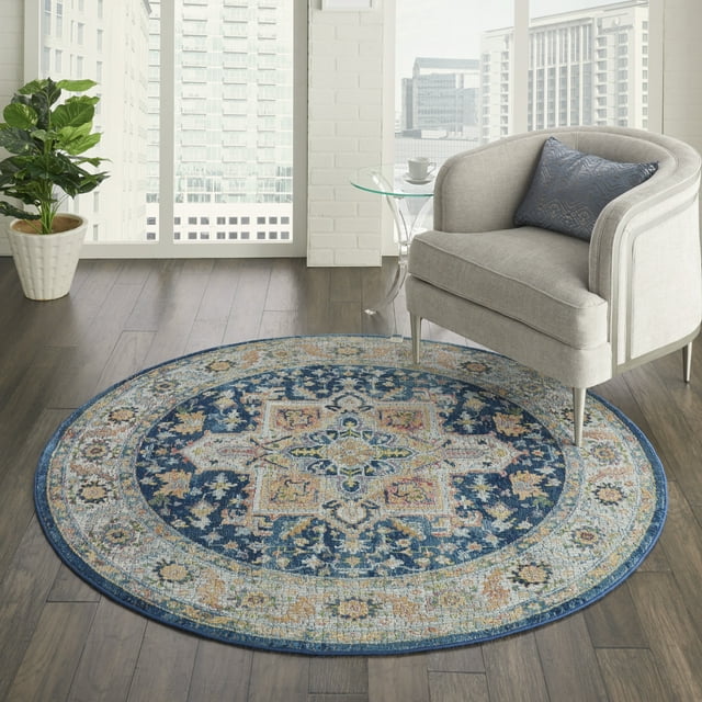 Nourison Global Vintage Traditional Blue/Multicolor 4' x ROUND Area Rug ...