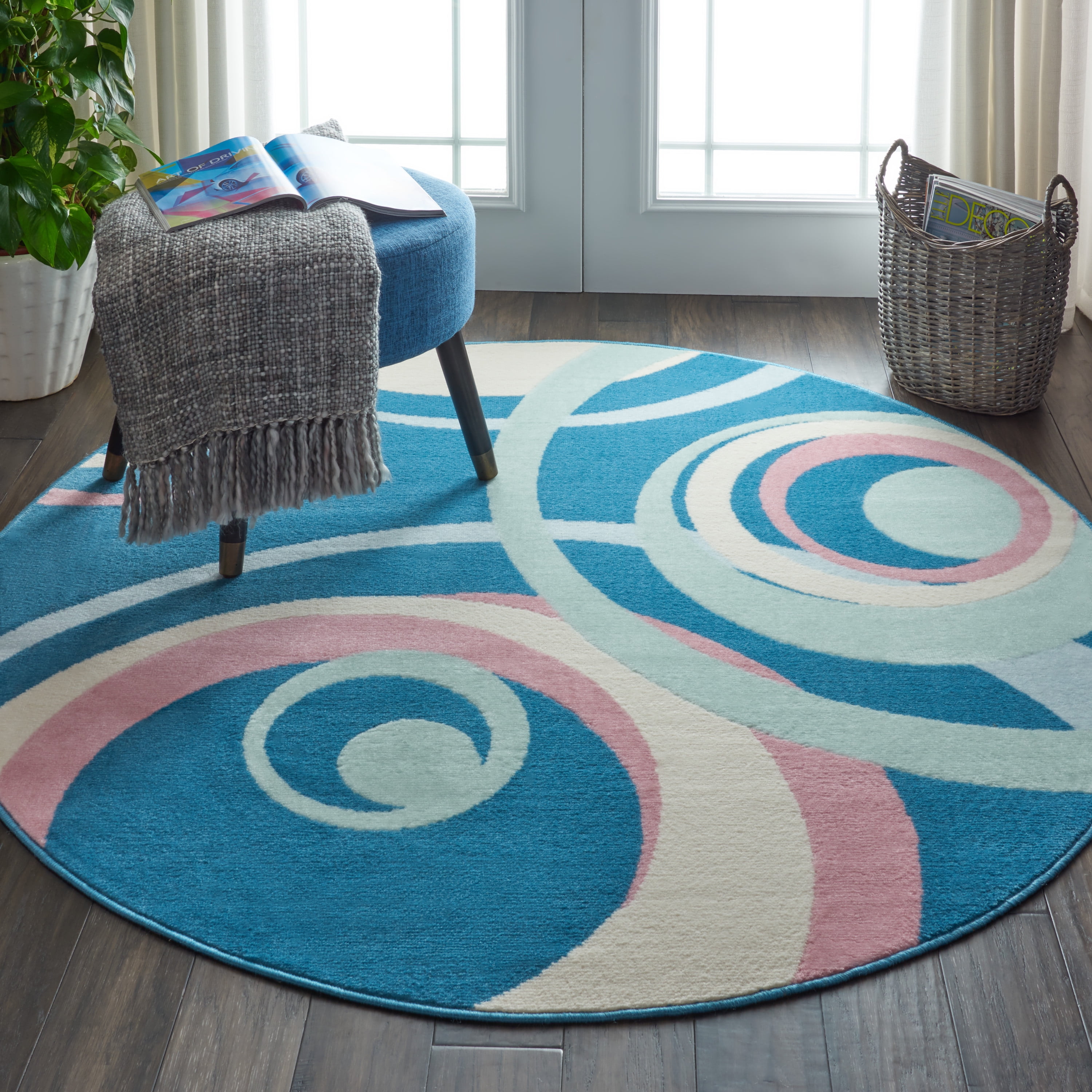 Nourison Grafix Geometric Blue Multi Colored 5'3" x ROUND Area Rug, (5 ...