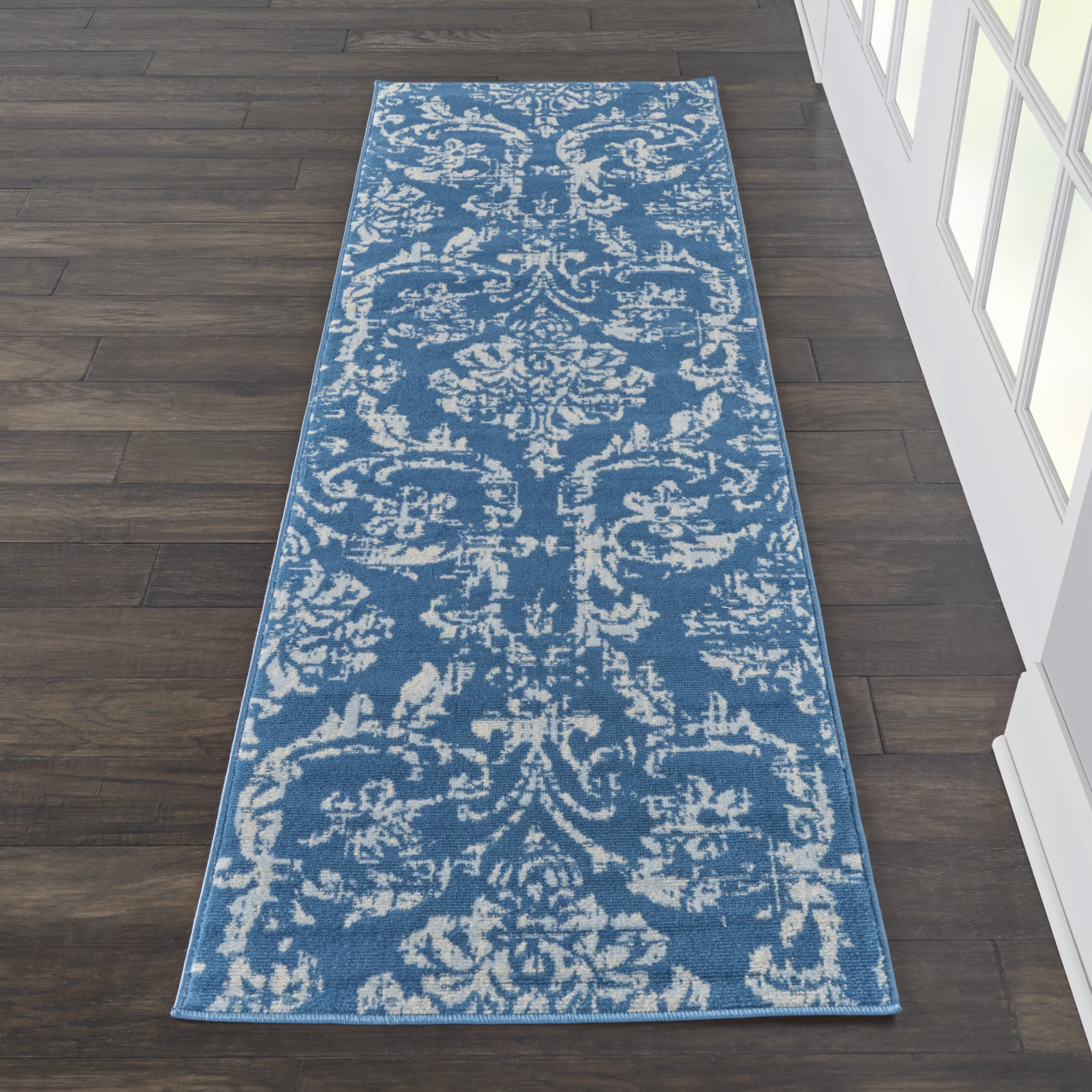Nourison Jubilant Distressed Damask Blue 2'3" x 7'3" Area Rug, (7 ...