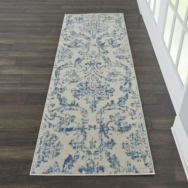 Nourison Jubilant Distressed Damask Ivory/Blue 2'3" x 7'3" Area Rug, (7 ...