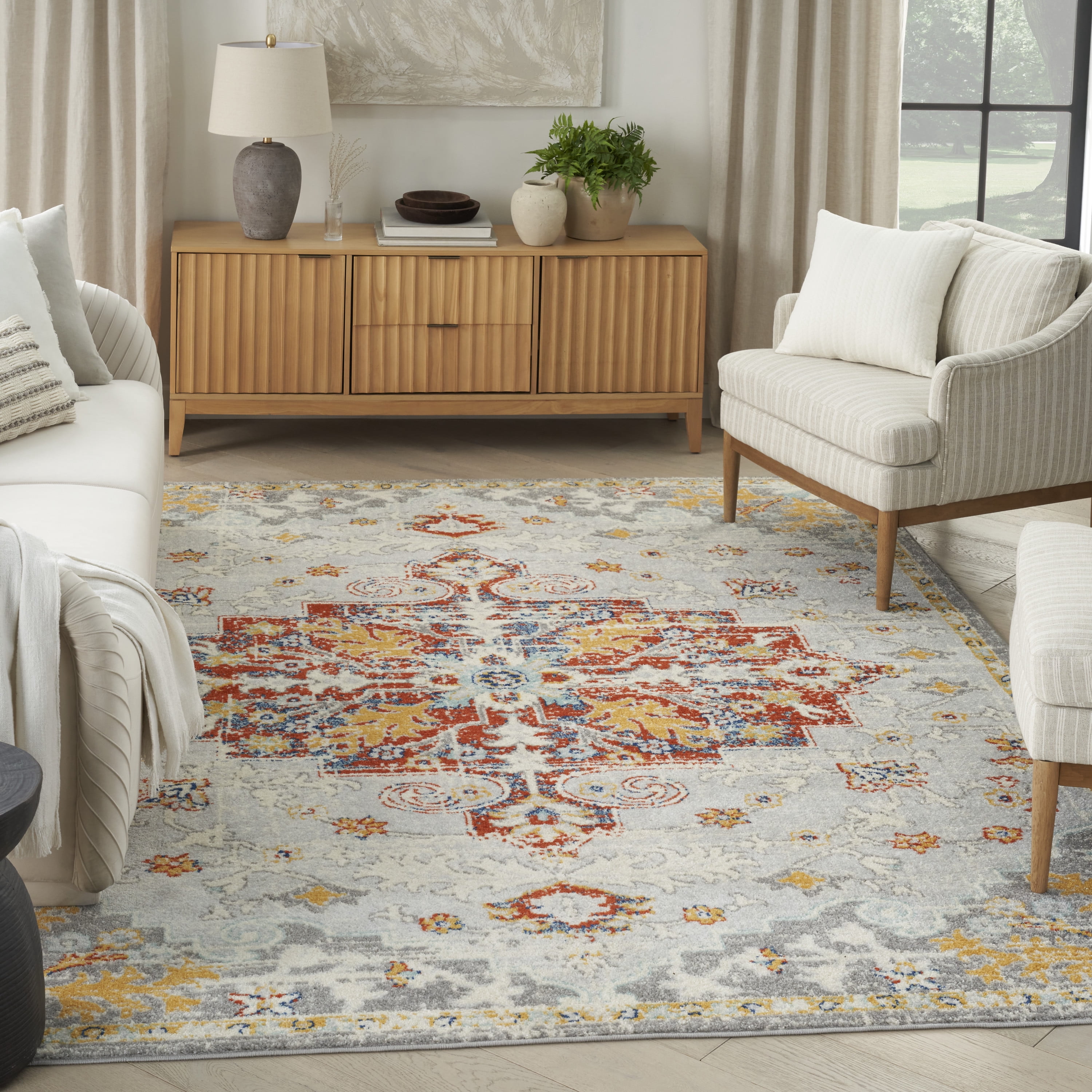 Nourison Passion Center medallion Grey Multicolor 8' x 10' Area Rug ...