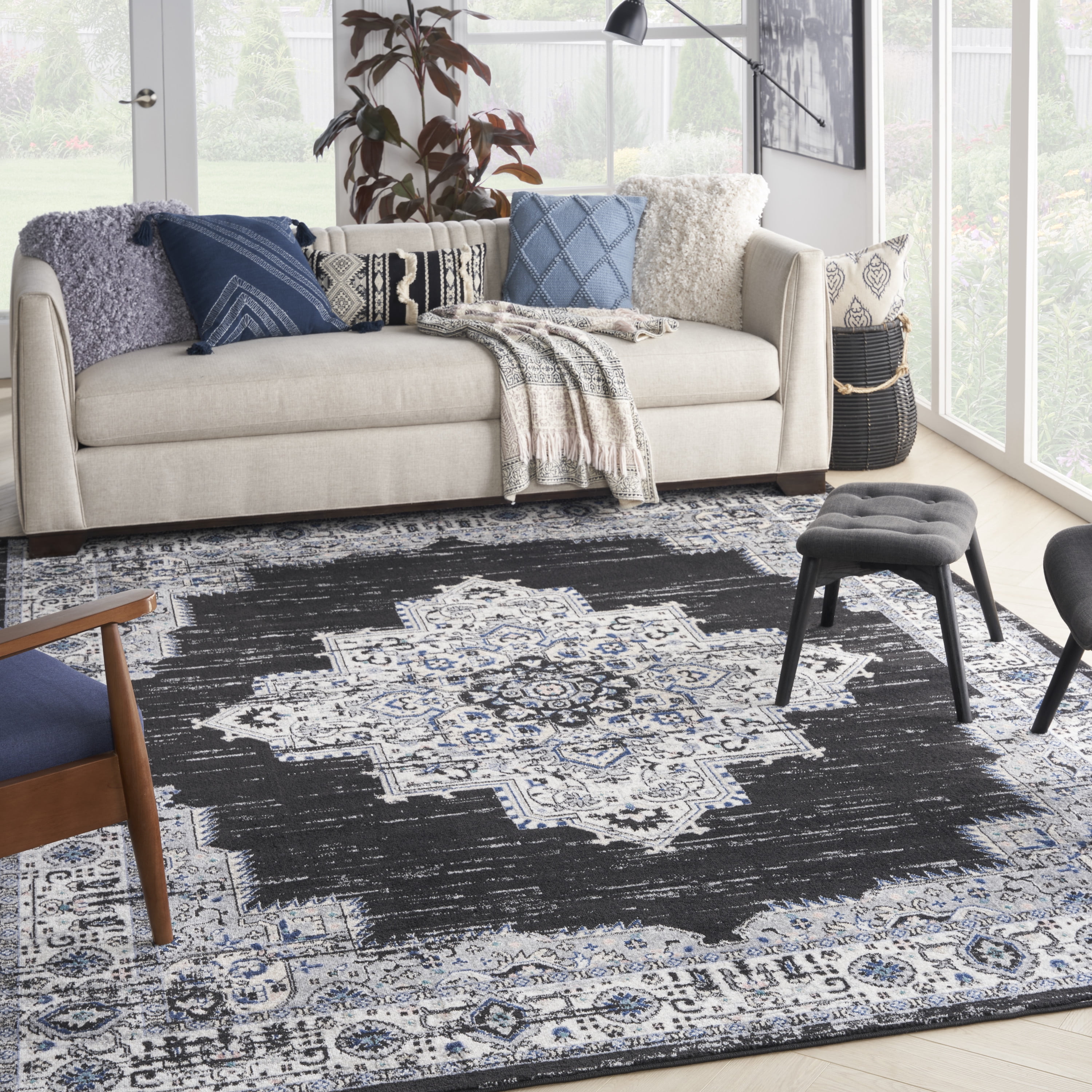 Nourison Passion Persian Floral Area Rug, Black Ivory, 8' x 10', Easy ...