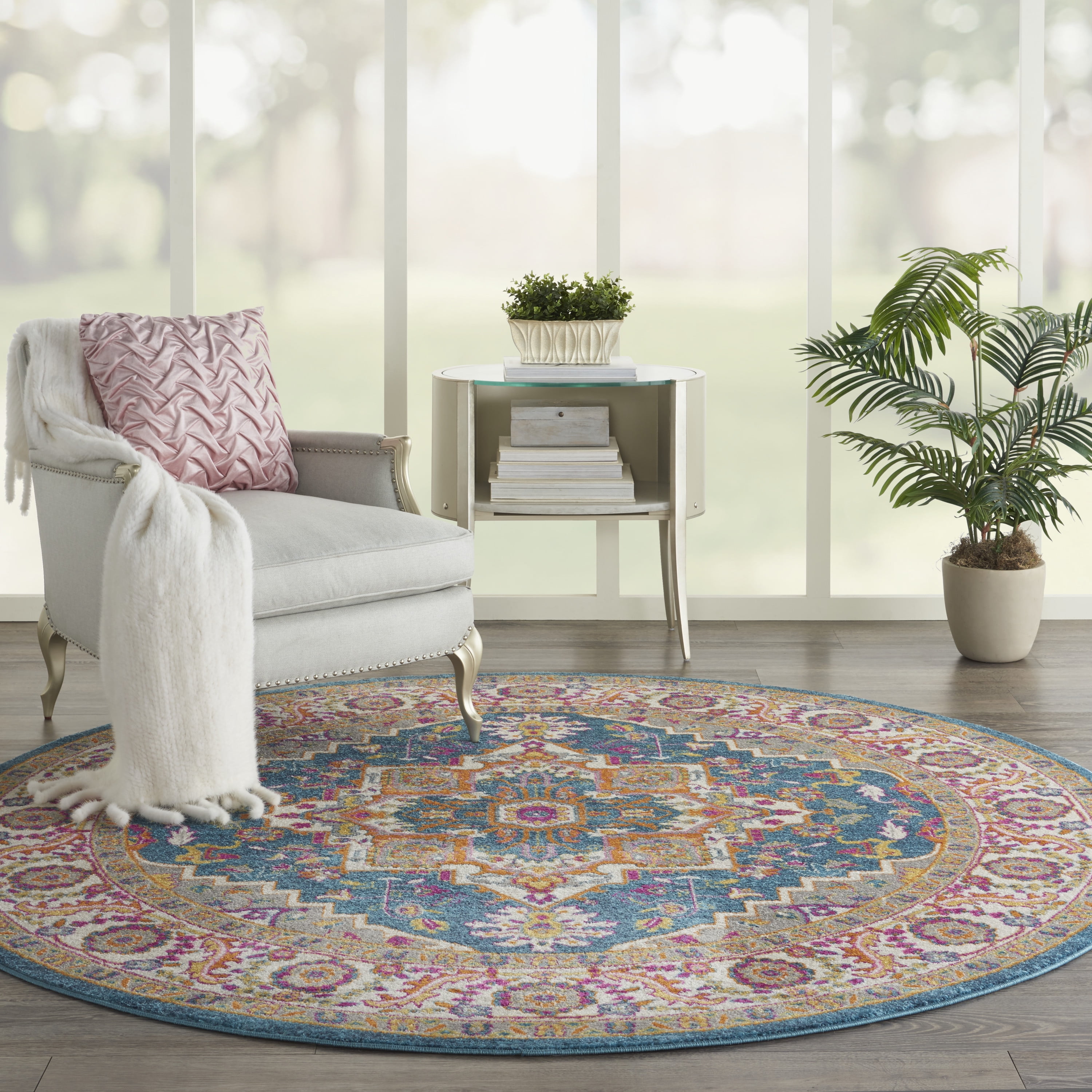 Nourison Passion Persian Floral Teal Multicolor 8' Round Area Rug ...