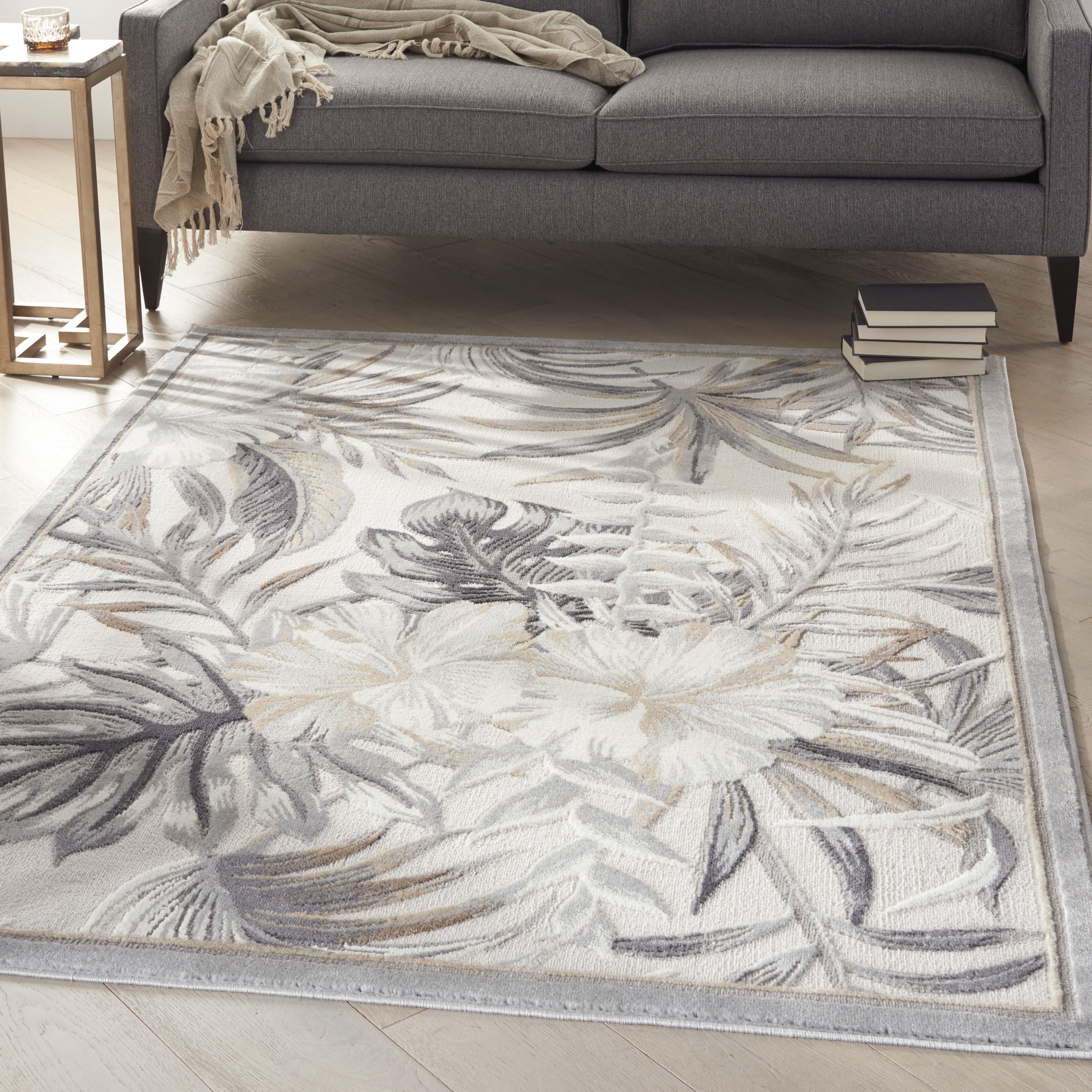 Nourison Pompeii Contemporary Tropical Ivory/Grey 5'3" x 7'3" Area Rug ...