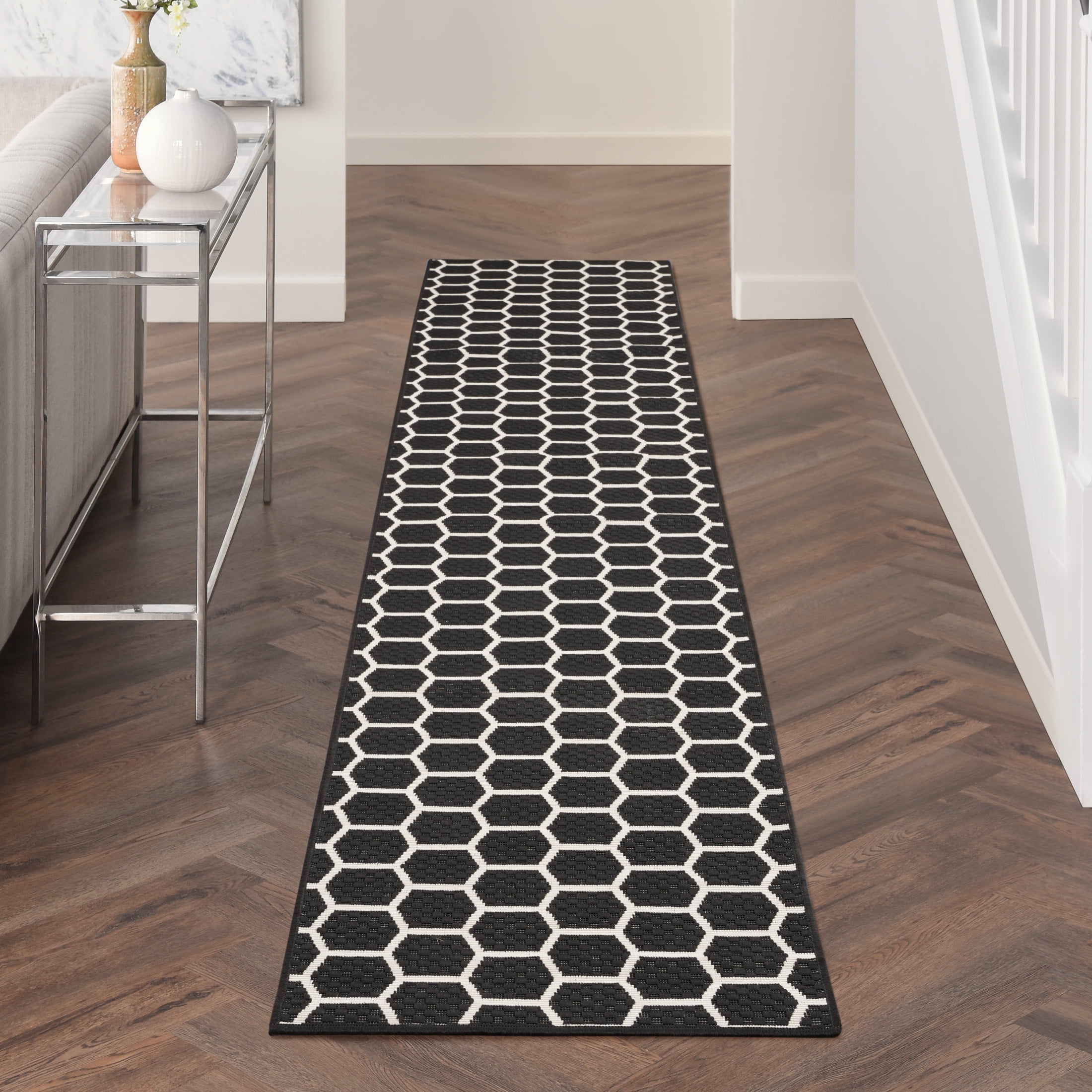 Nourison Reversible Indoor Outdoor 2'2" x 10' Black Modern Rug ...
