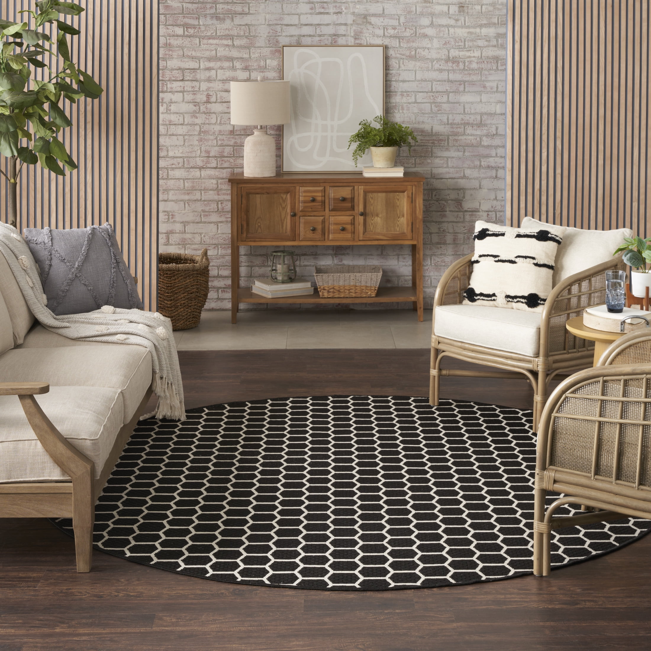 Nourison Reversible Indoor Outdoor 8' x Round Black Modern Rug ...