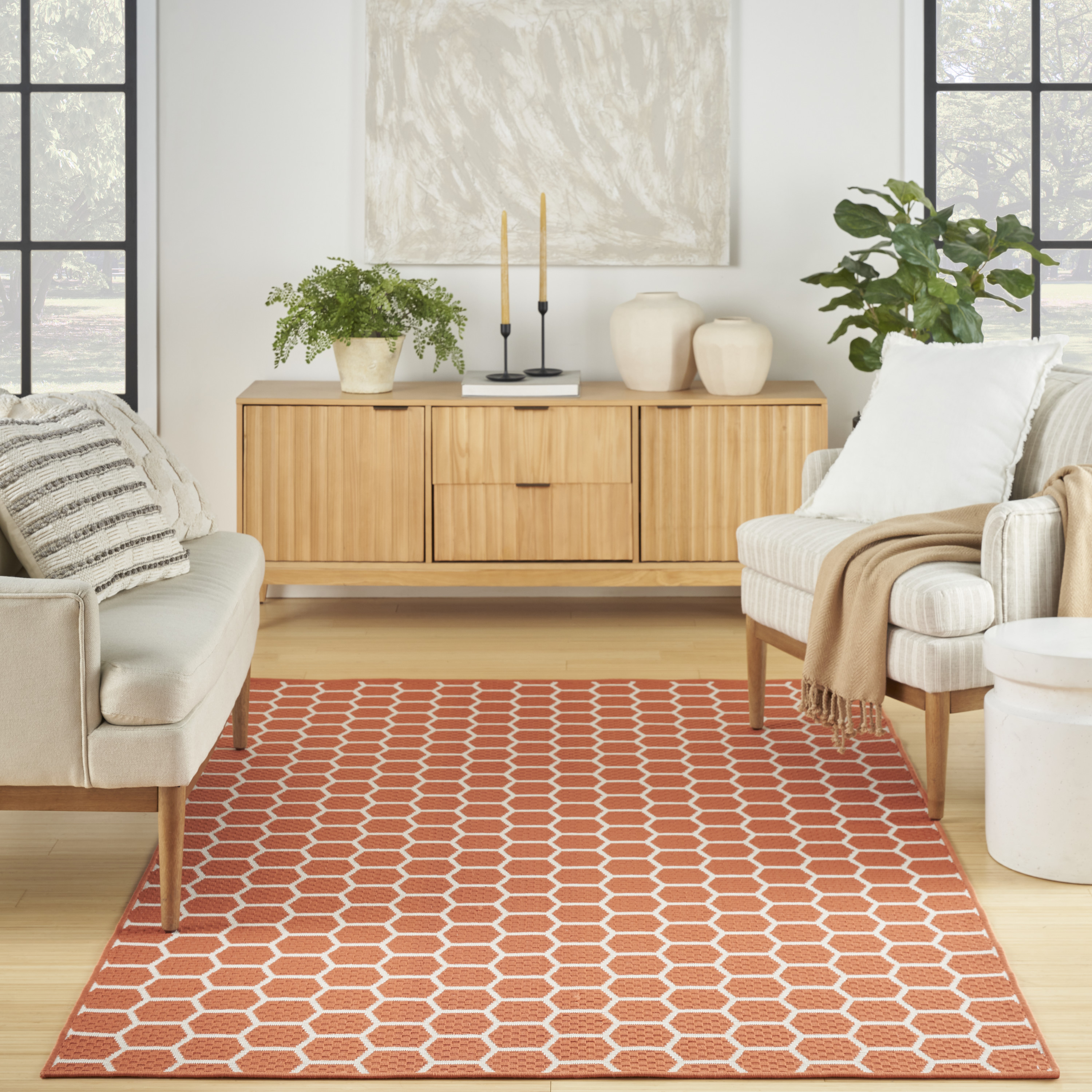 Nourison Reversible Indoor Outdoor Geometric Coral 4' x 6'Area Rug (4x6 ...