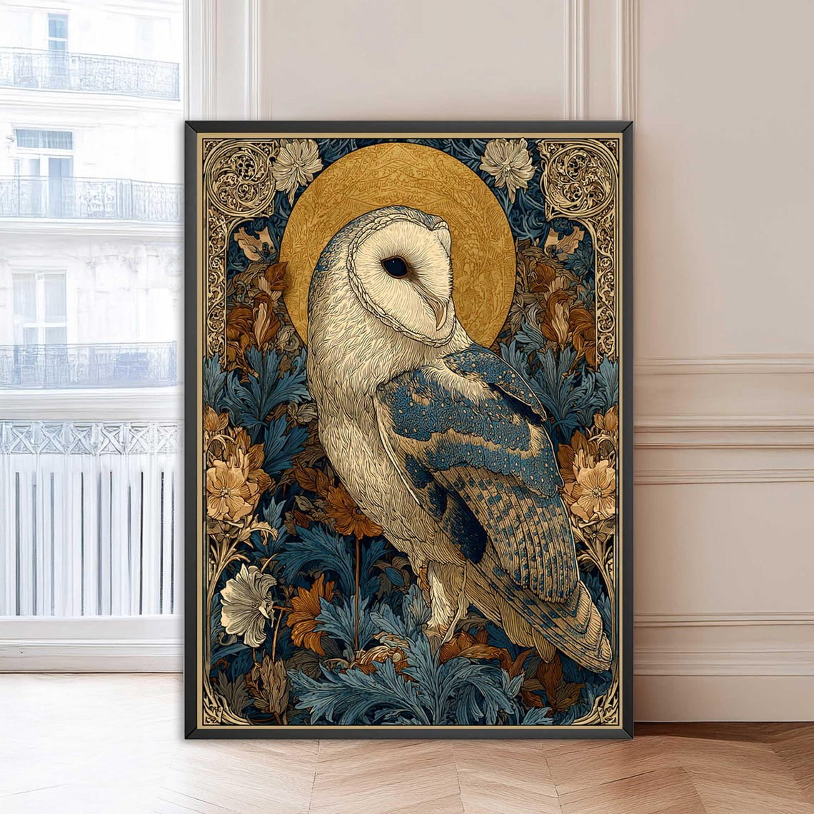 Nouveau Owl Blue Gold Botanical Owl Celestial Bird Wall Art Ornamental ...