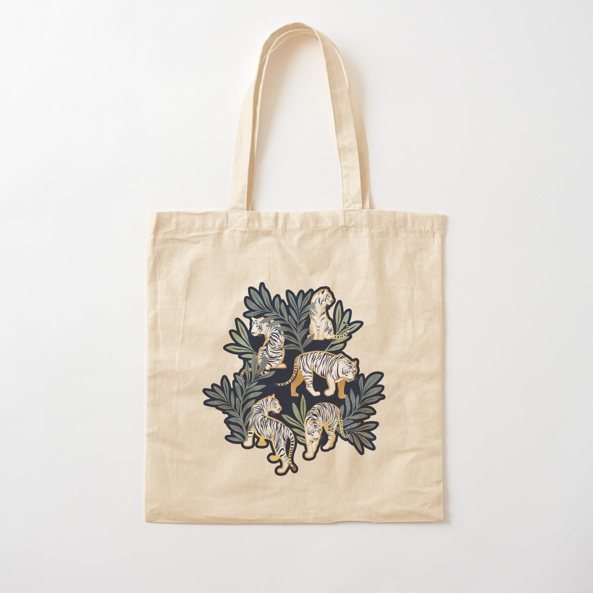 Nouveau White Tigers // Navy Blue Background Green Leaves Golden Lines ...