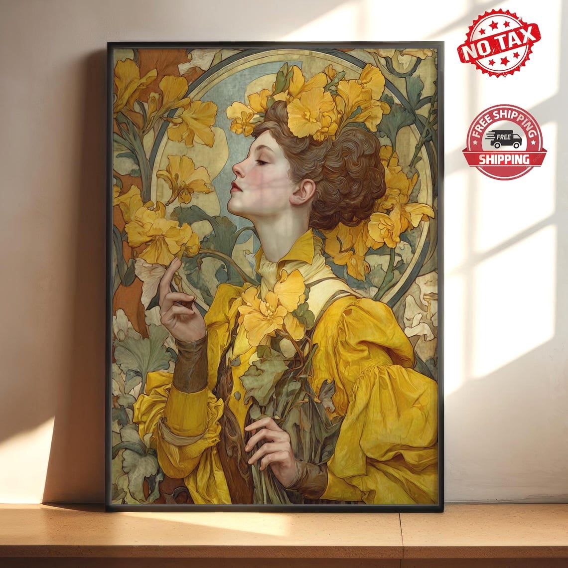 Nouveau Woman Vintage Floral Portrait Golden Flower Elegant Female ...