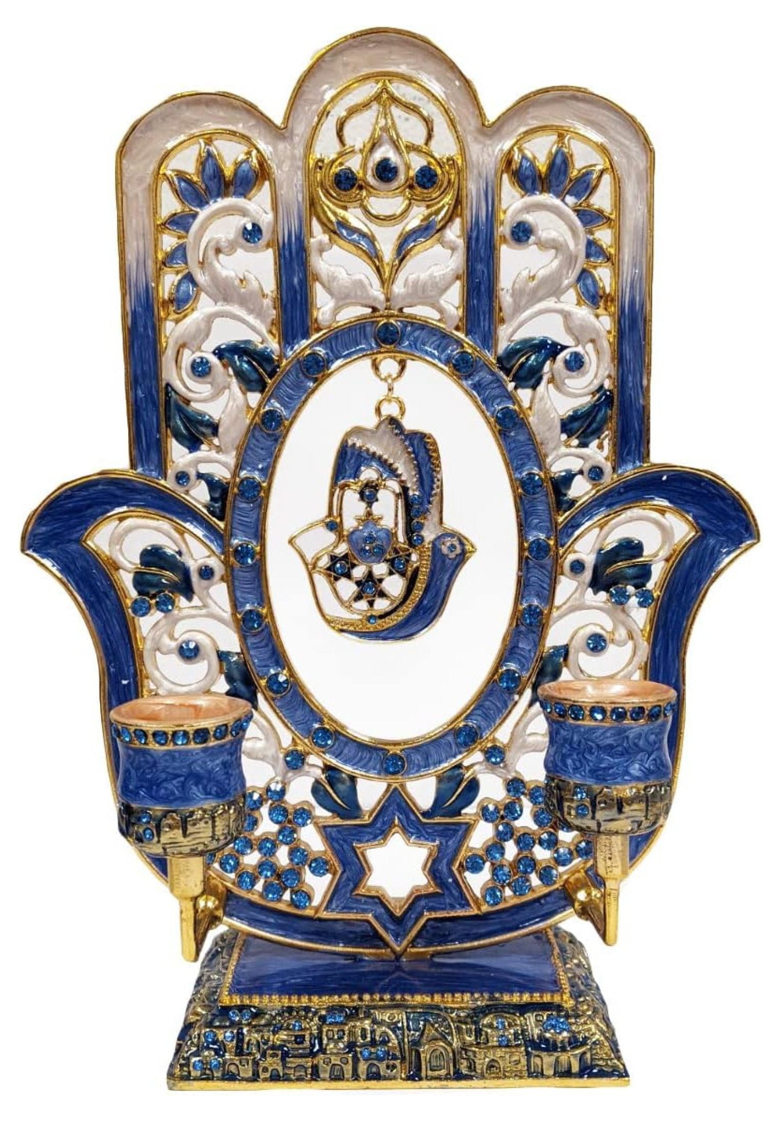 Nouvelle Collections Blue Hamsa/Hamesh Hand Shabbat Candle Holder Embellished with Genuine ...