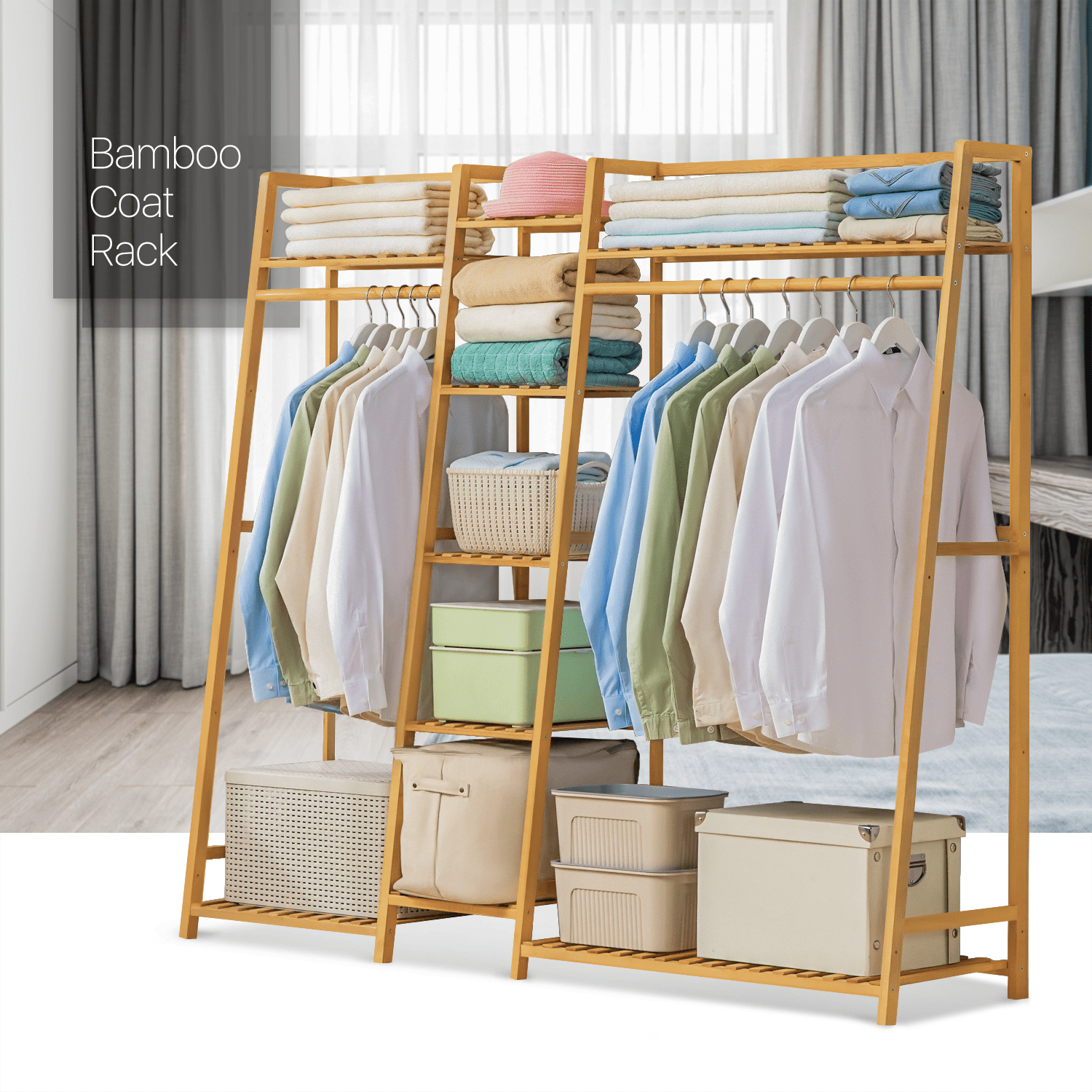 NovaCraft Bamboo Trapezoid Clothing Rack with 5-Tier Storage Shelves ...